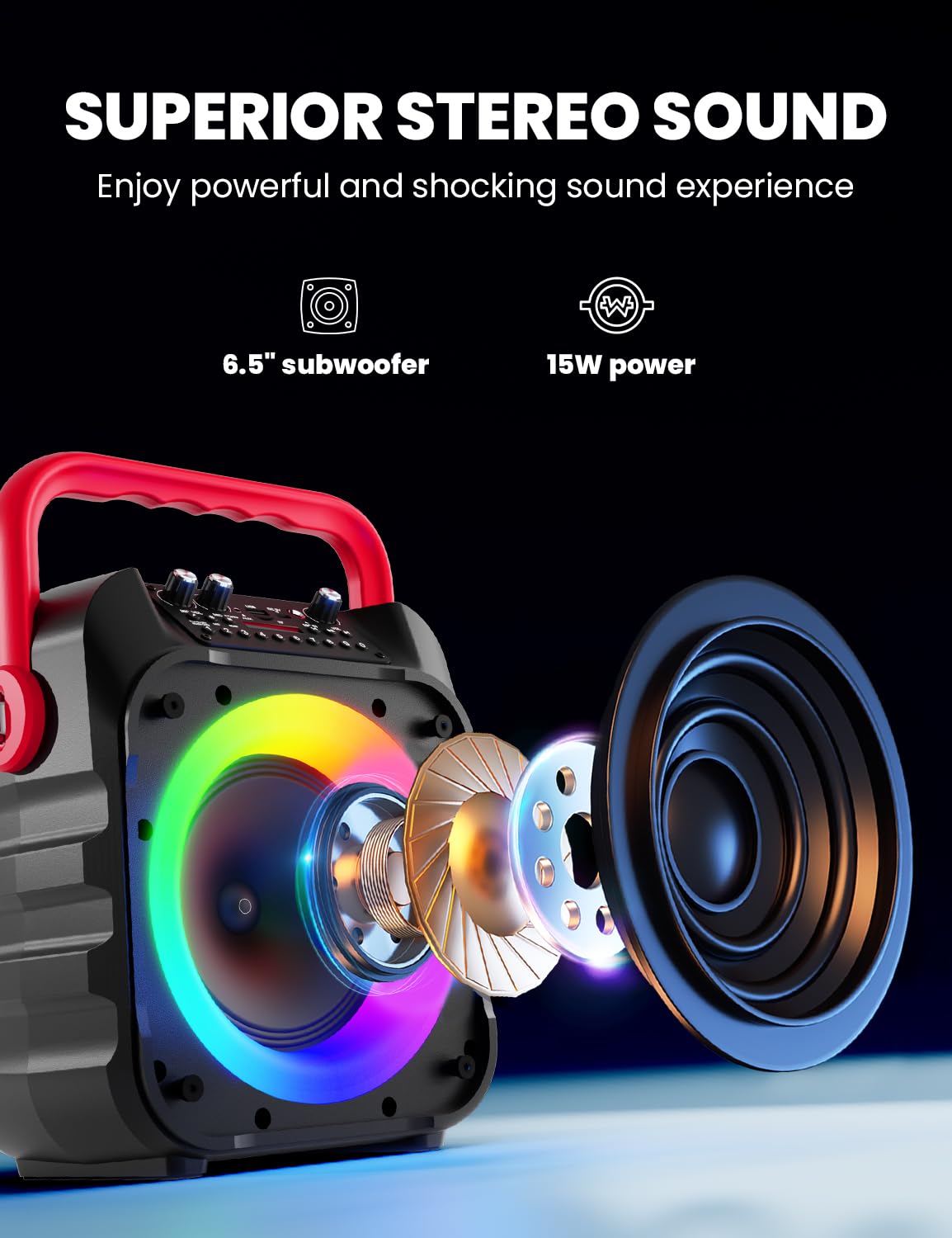 Karaoke Machine with Two Wireless Microphones, Portable Karaoke Machine for Adults & Kids, Portable Bluetooth Speaker with PA System, LED Lights, Supports TF Card/USB, AUX in, FM, USB,TWS (Red)…