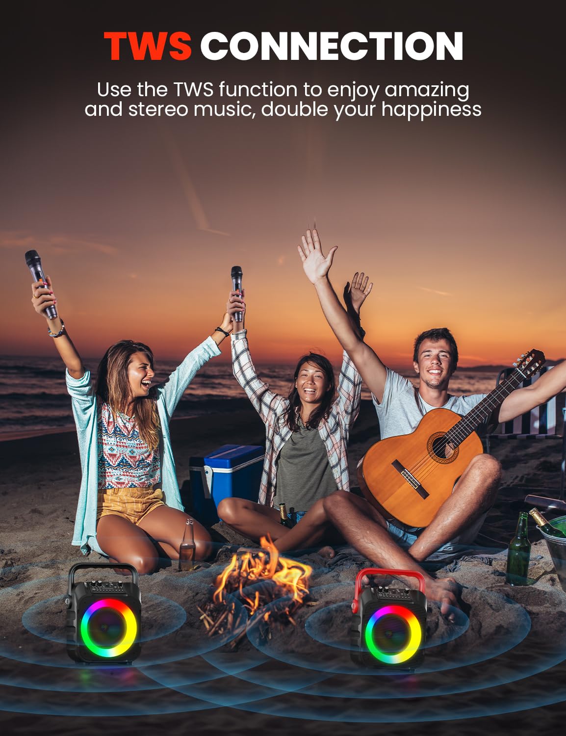 Karaoke Machine with Two Wireless Microphones, Portable Karaoke Machine for Adults & Kids, Portable Bluetooth Speaker with PA System, LED Lights, Supports TF Card/USB, AUX in, FM, USB,TWS (Red)…