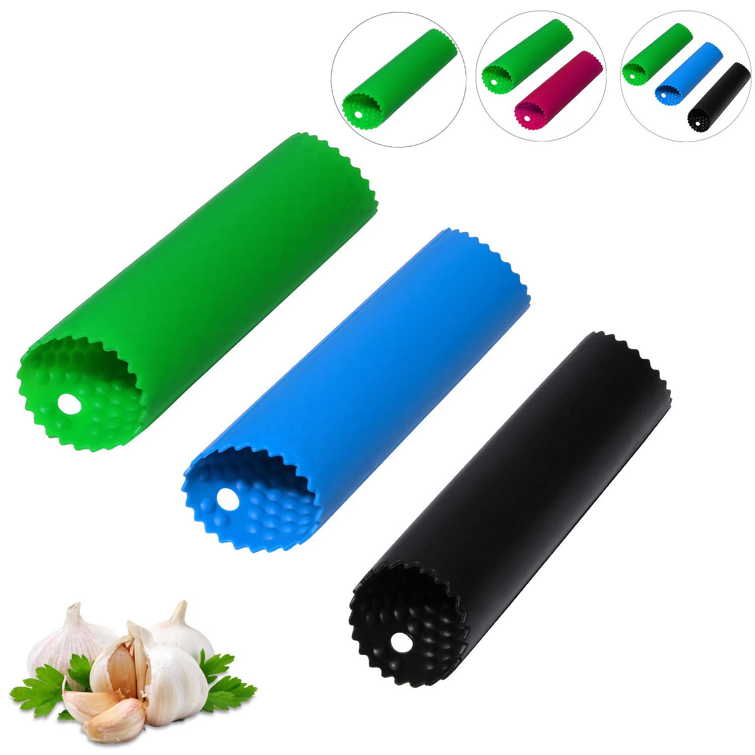 Sinnsally Garlic Peeler Skin Remover Roller Keeper,Easy Quick to Peeled Garlic Cloves with Best Silicone Tube Roller Garlic Peeling Kitchen Tool(3 Colors)