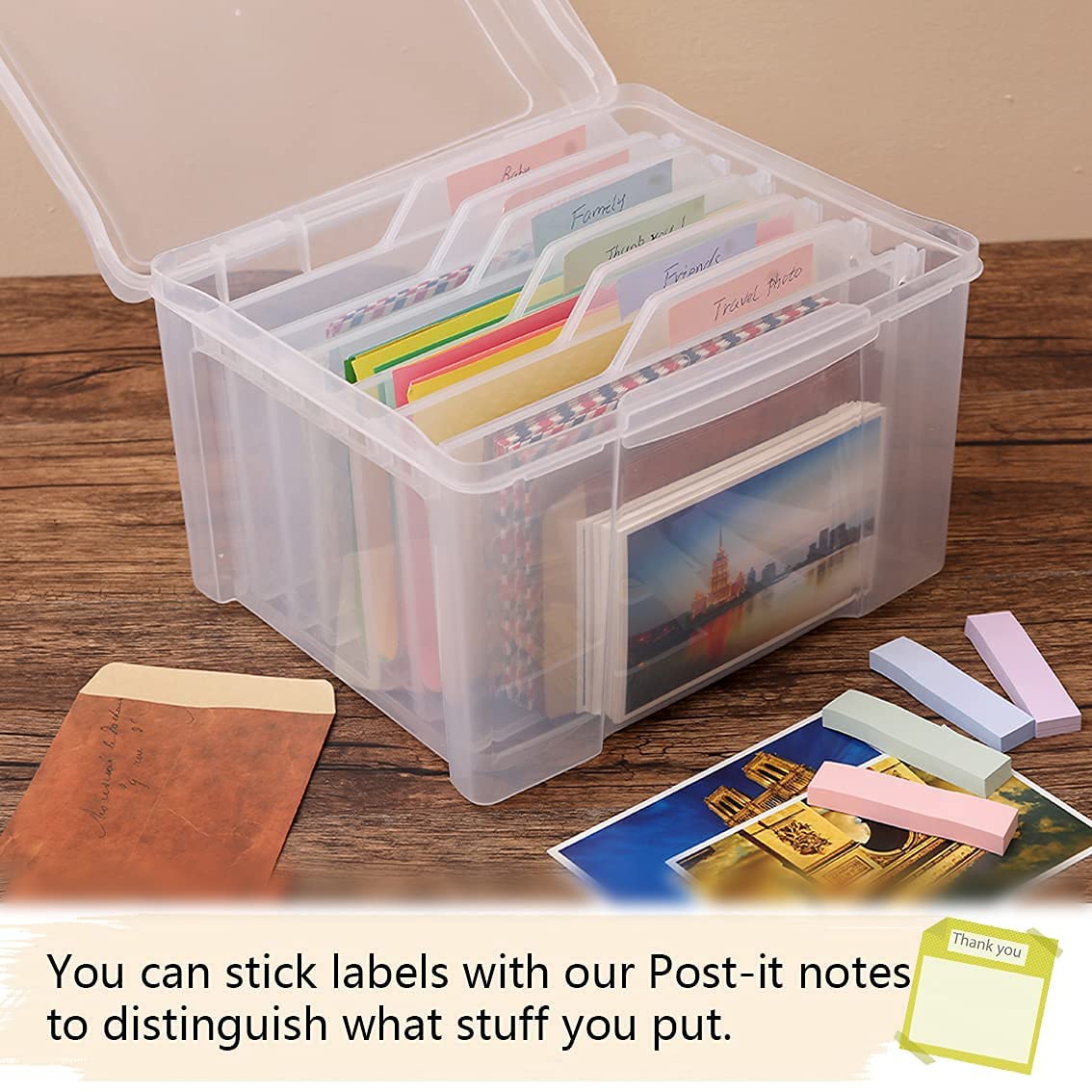 KILONEFE Greeting Card Storage & Organizer Box with 6 Adjustable Dividers for Holiday Birthday Photos, Crafts, Scrapbook, Paper, Stickers, Envelopes and More, Plastic Box of Card (New Version)