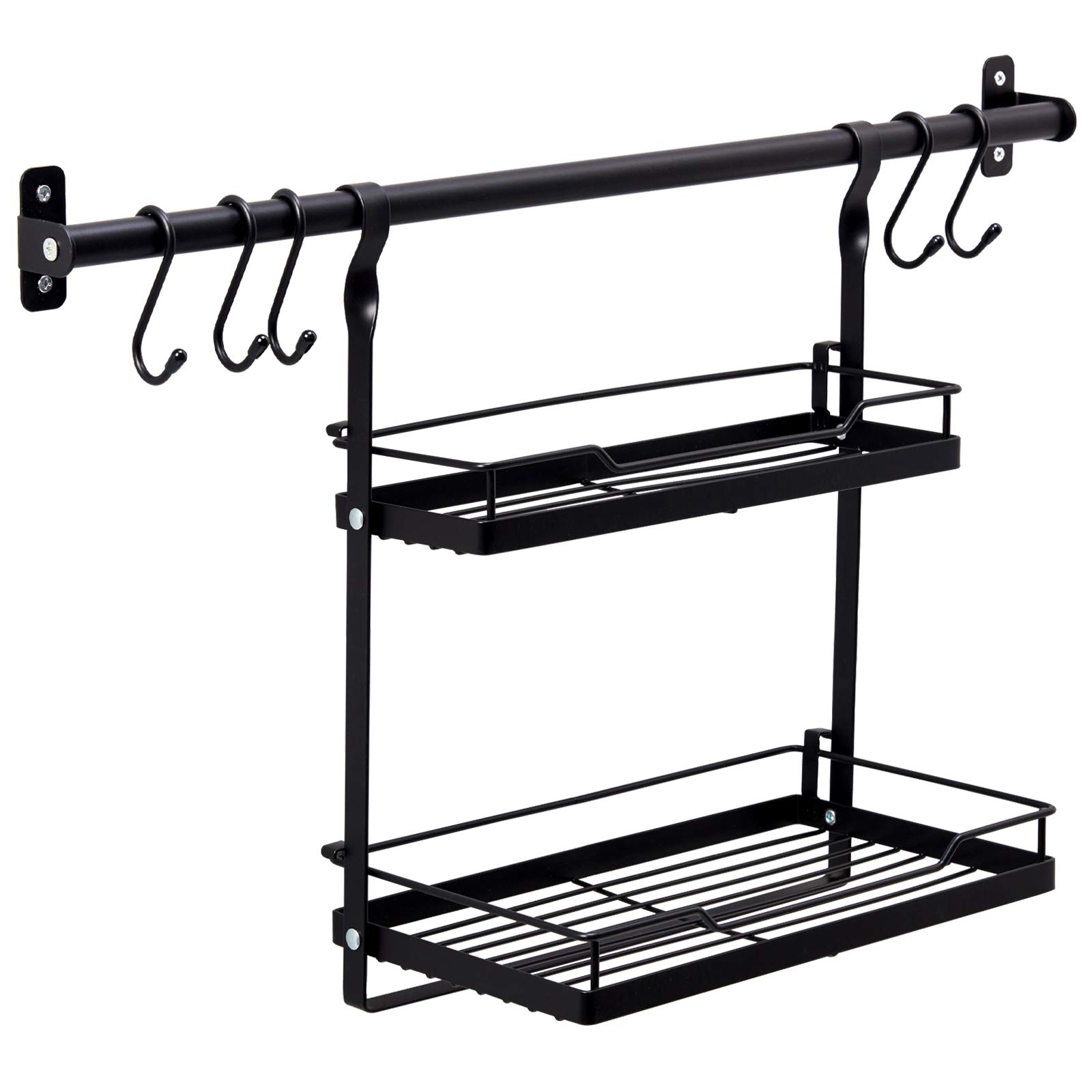 EZOWare Kitchen Wall Mount Utensil Holder Organizer Set, 23.6" Hanging Rail Rod, 2 Tier Foldable Spice Rack and 5 S Hooks for Hanging Spices, Condiments Pots, Pans, Lids, Utensils - Black