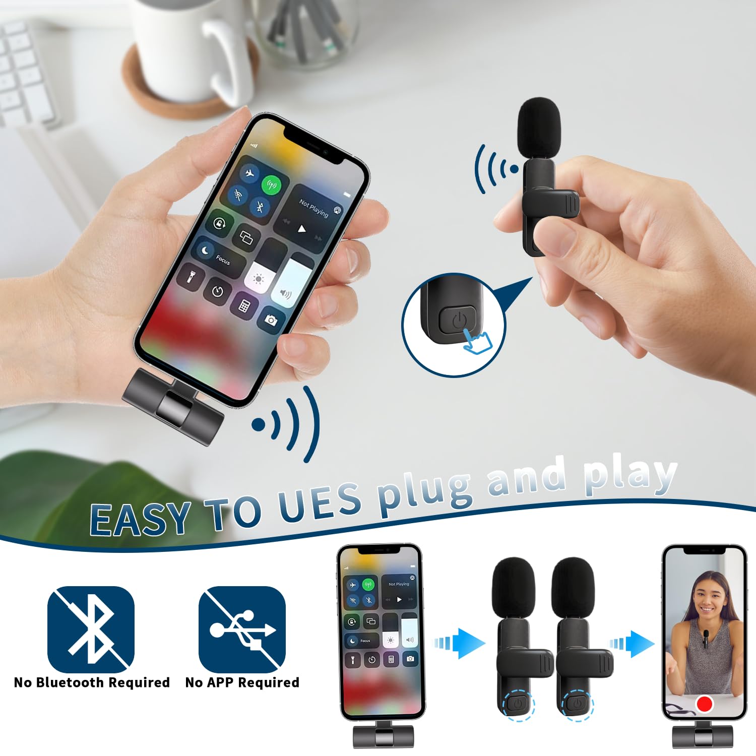Caymuller Professional Wireless Lavalier Lapel Microphone for iPhone iPad, Mini Lapel Mics Plug-Play 2.4G Ultra-Low Delay Noise Reduction Chip for Video Recording Interview Podcast Vlog YouTube Tiktok