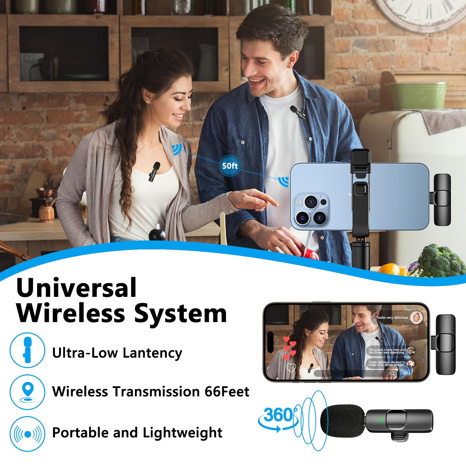 Caymuller Professional Wireless Lavalier Lapel Microphone for iPhone iPad, Mini Lapel Mics Plug-Play 2.4G Ultra-Low Delay Noise Reduction Chip for Video Recording Interview Podcast Vlog YouTube Tiktok