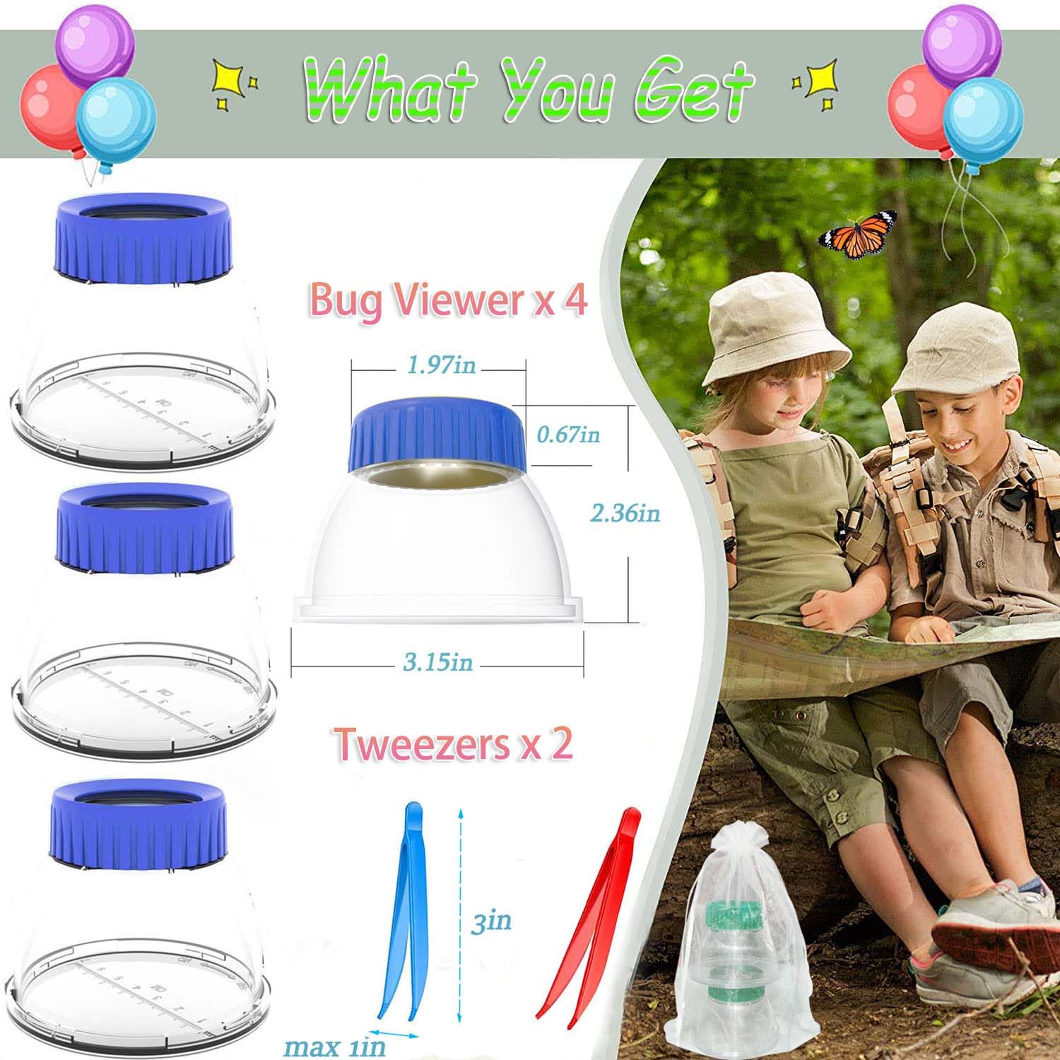 RORANIC 3X Magnifier Bug Viewer,Built-in 8 Air Holes 7cm Ruler with Blue & Red Slant Tweezers, Bug Catcher Kit for Kids Science Education Nature Exploration