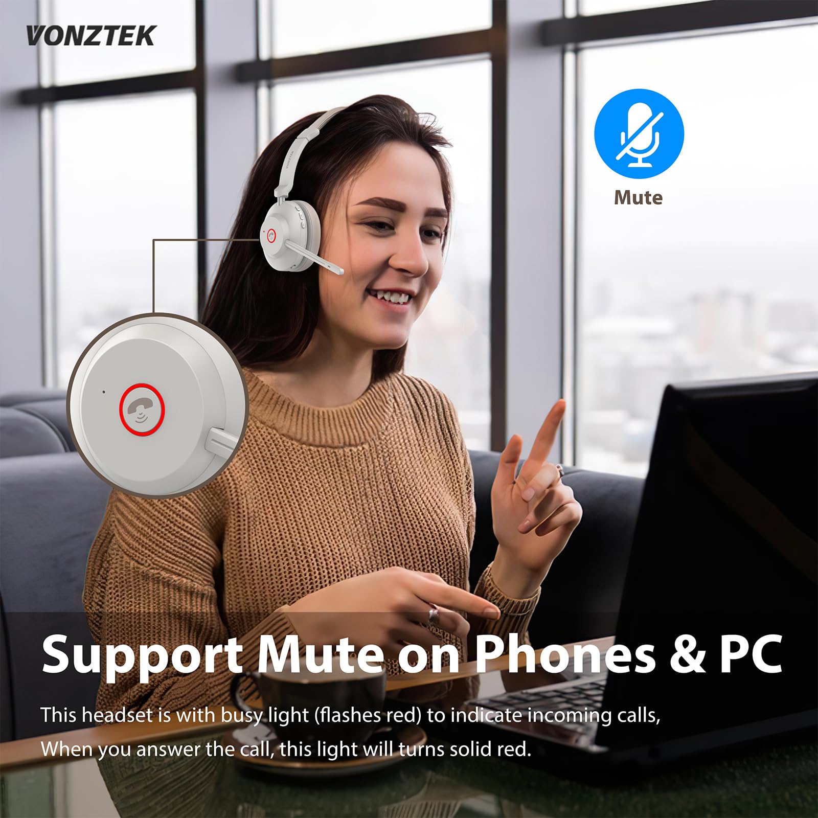 Wireless Headset, QCC 5.2 Bluetooth Headset with CVC 8.0 Dual Mic Noise Canceling & Charging Dock, 45 Hrs Wireless Headphones with USB Dongle for Computer Cell Phone Office Work Teams Meetings