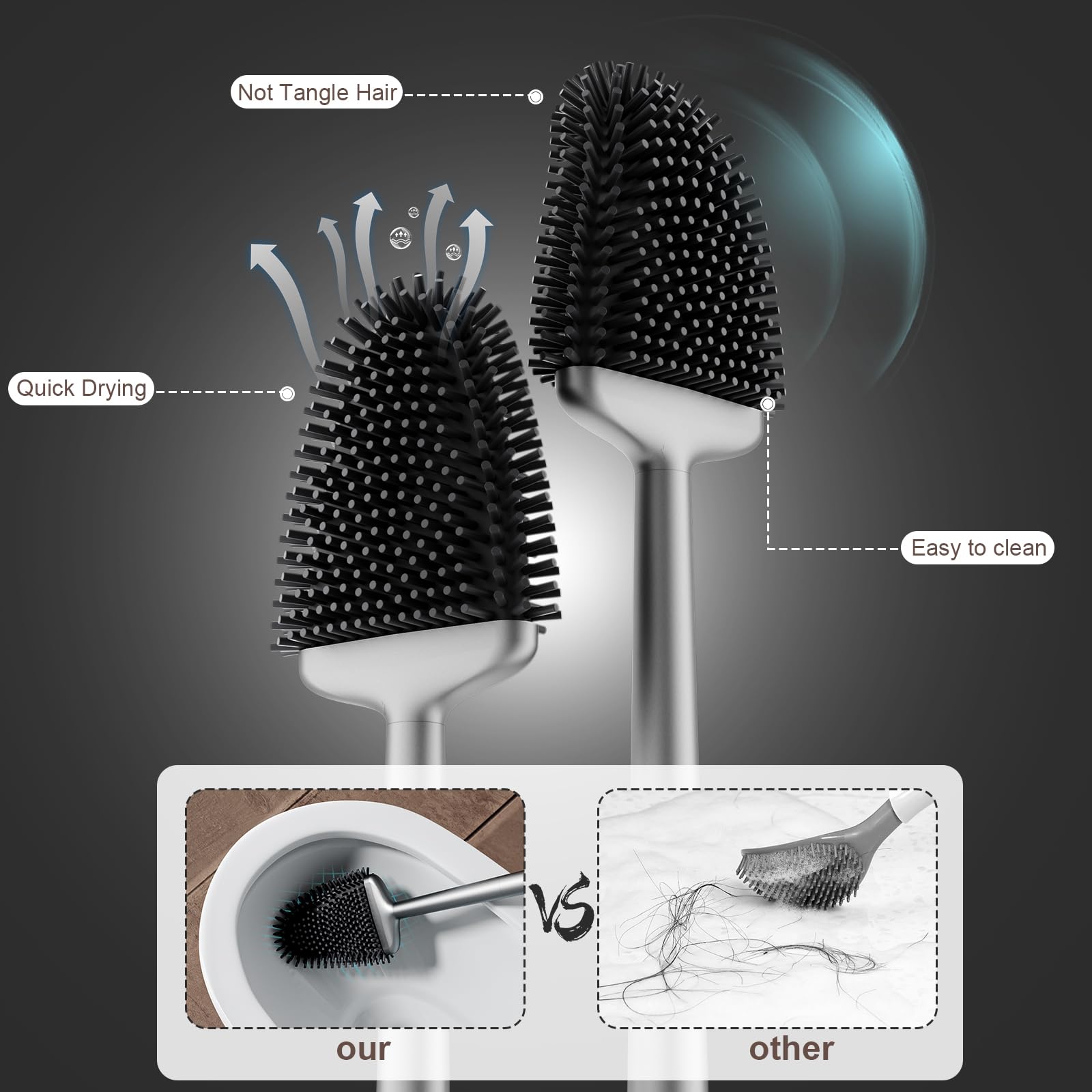 Sellemer Toilet Brush and Holder Set for Bathroom, Flexible Toilet Bowl Brush Head with Silicone Bristles, Compact Size for Storage and Organization, Ventilation Slots Base (Silver)