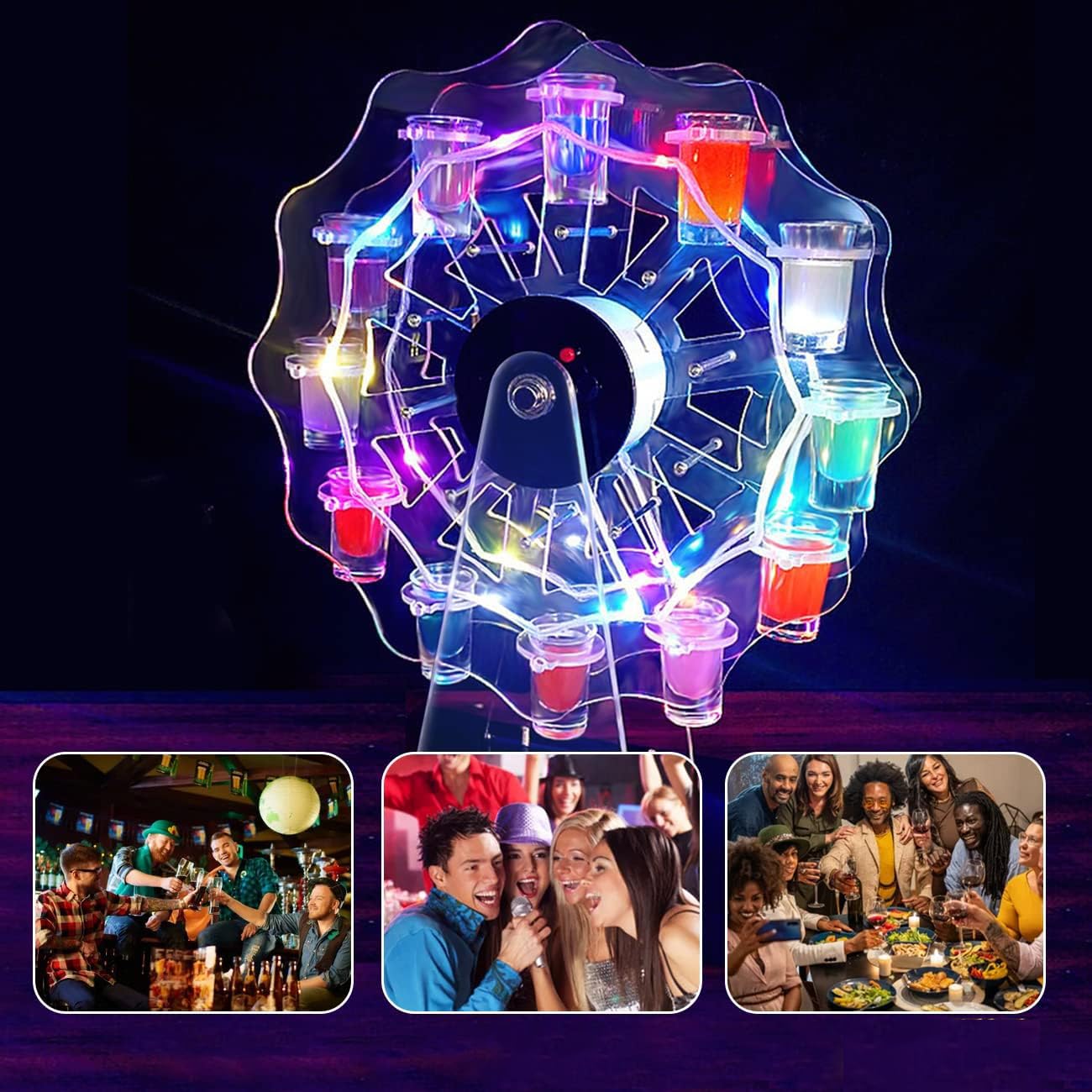 Liquor Shelves Ferris Wheel Tequila LED Liquor Bottle Display Shelf ,Ice Wine Stand, Colorful Light Spinning Stand with 12 Glasses Cups, Party Bar Drinking Tumblers Stand for Birthday, Wedding