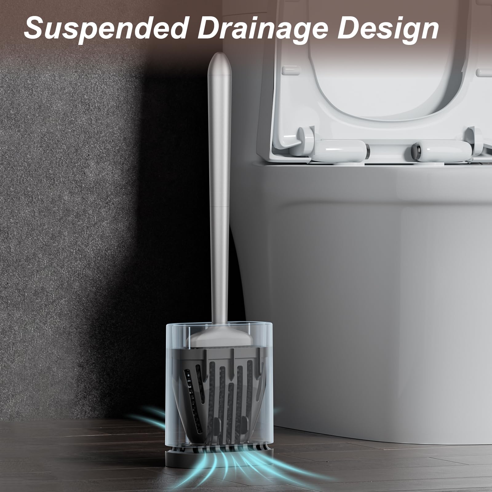Sellemer Toilet Brush and Holder Set for Bathroom, Flexible Toilet Bowl Brush Head with Silicone Bristles, Compact Size for Storage and Organization, Ventilation Slots Base (Silver)