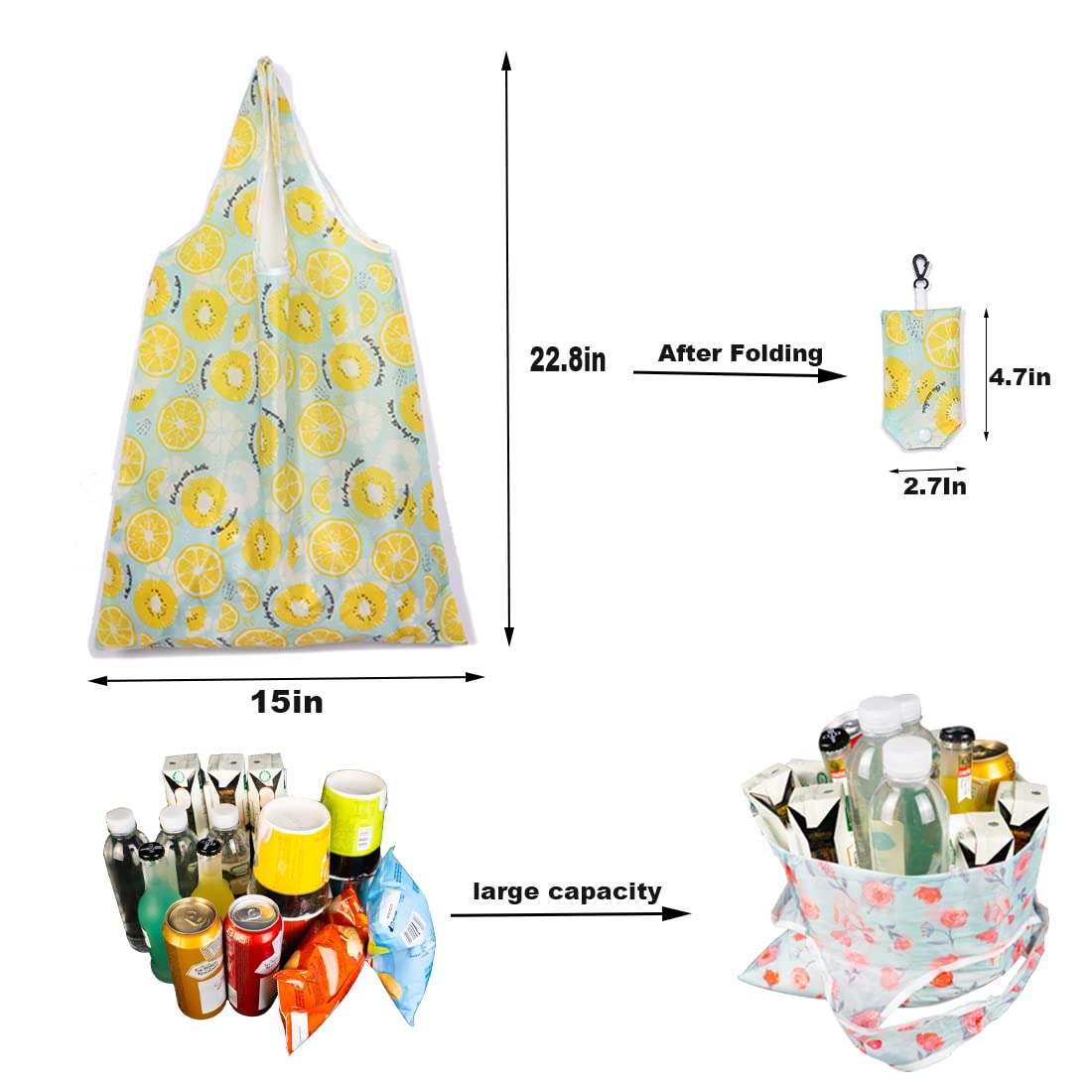 Elephant-package Pack of 6 Reusable Shopping Bags Foldable with Hook- Washable- Large Grocery Bag with Pouch Tote Bags (Fruit Birds)