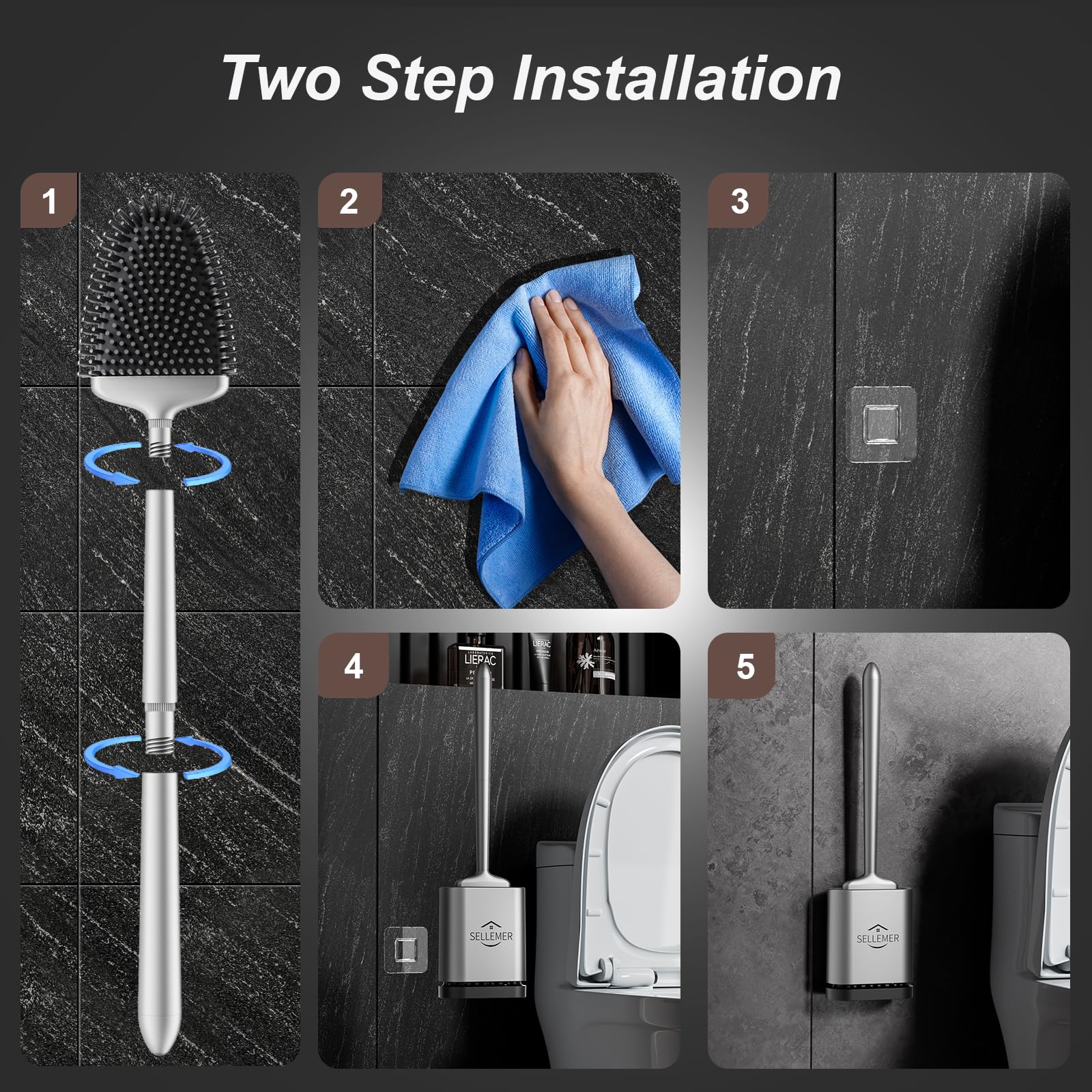 Sellemer Toilet Brush and Holder Set for Bathroom, Flexible Toilet Bowl Brush Head with Silicone Bristles, Compact Size for Storage and Organization, Ventilation Slots Base (Silver)
