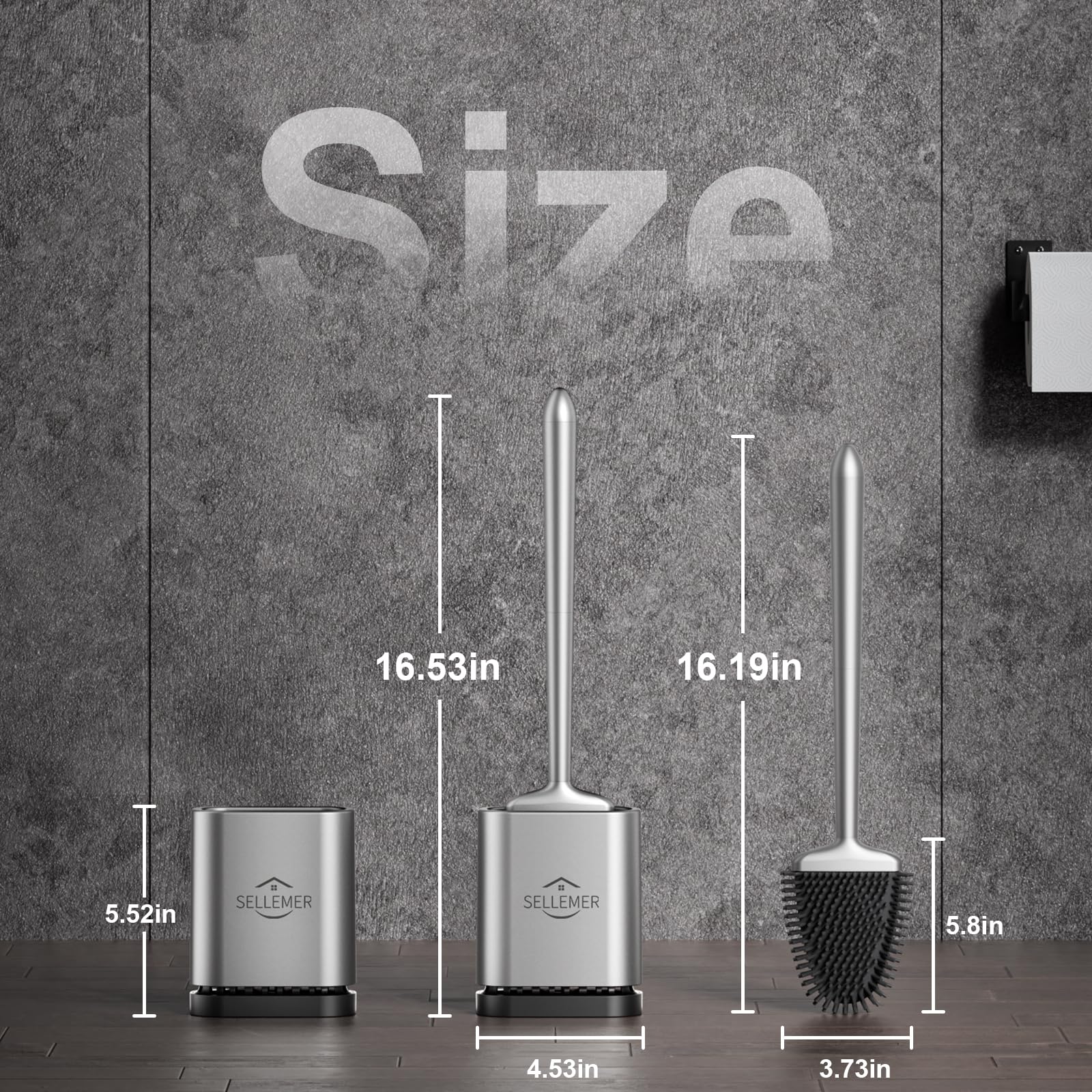 Sellemer Toilet Brush and Holder Set for Bathroom, Flexible Toilet Bowl Brush Head with Silicone Bristles, Compact Size for Storage and Organization, Ventilation Slots Base (Silver)