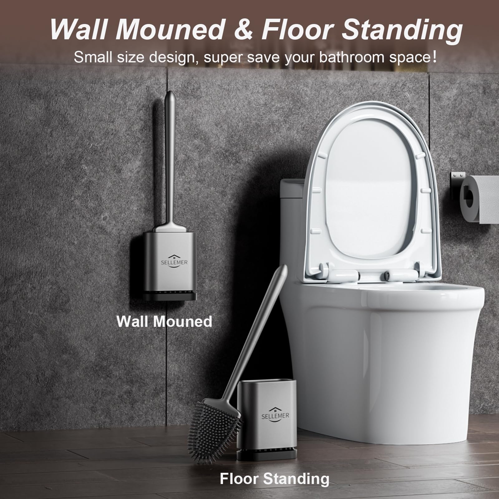 Sellemer Toilet Brush and Holder Set for Bathroom, Flexible Toilet Bowl Brush Head with Silicone Bristles, Compact Size for Storage and Organization, Ventilation Slots Base (Silver)