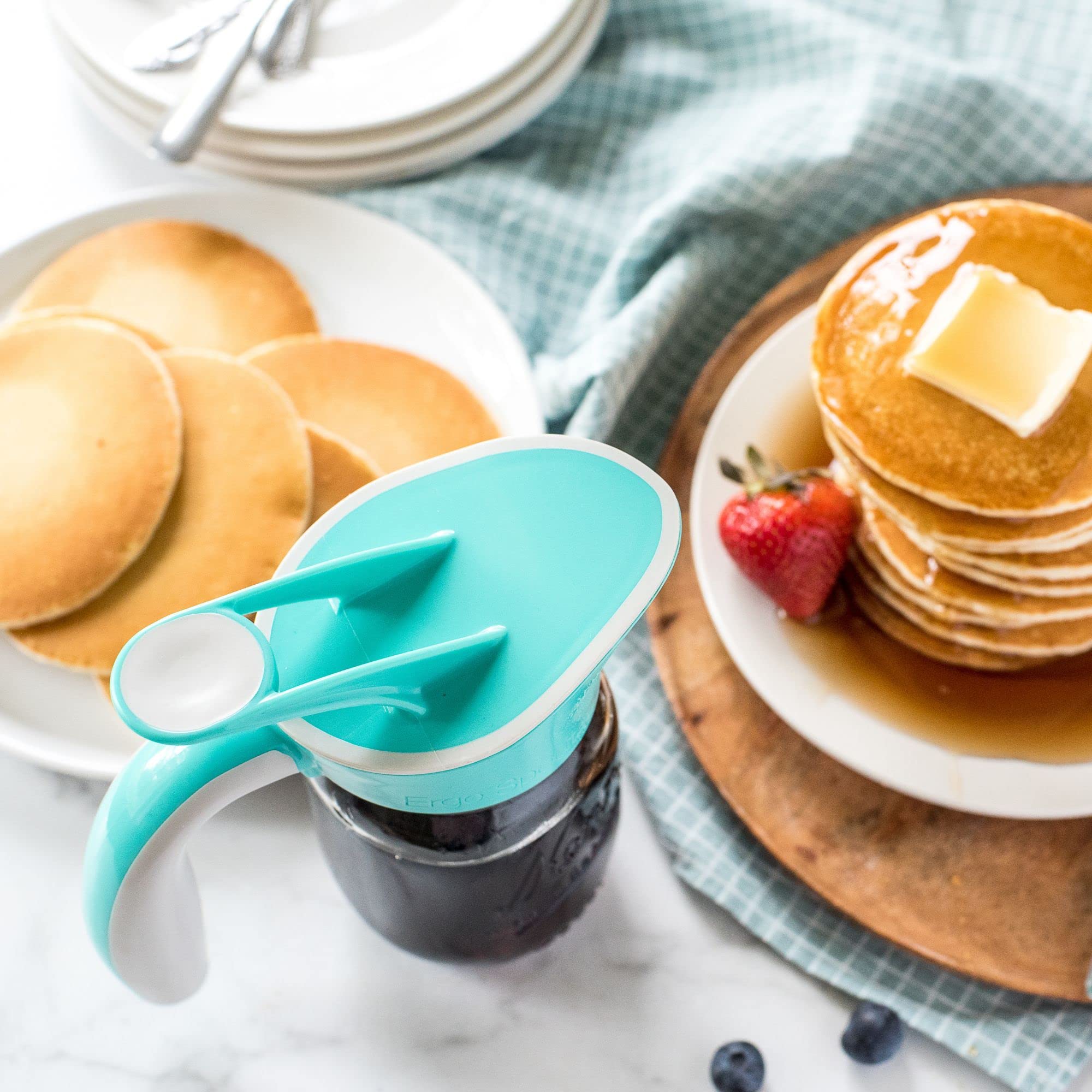 Ergo Spout mason jar traditional styled spout with ergonomic handle for syrup, dressing, gravy, sauce β nonsealing flip top cover (REGULAR MOUTH, Vintage Blue - Teal)