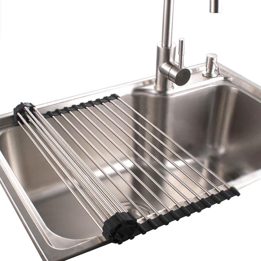 Roll up Dish Drying Rack RV Folding Over Sink 304 Stainless Steel in Kitchen Dish Drainer Heat Resistant Mat Multipurpose Portable Dish Trainer,Black,17x12inches