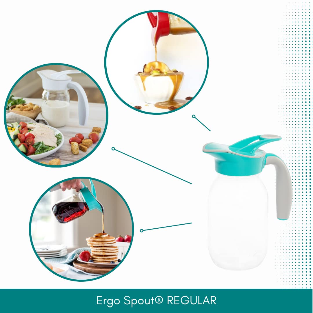Ergo Spout mason jar traditional styled spout with ergonomic handle for syrup, dressing, gravy, sauce – nonsealing flip top cover (REGULAR MOUTH, Vintage Blue - Teal)