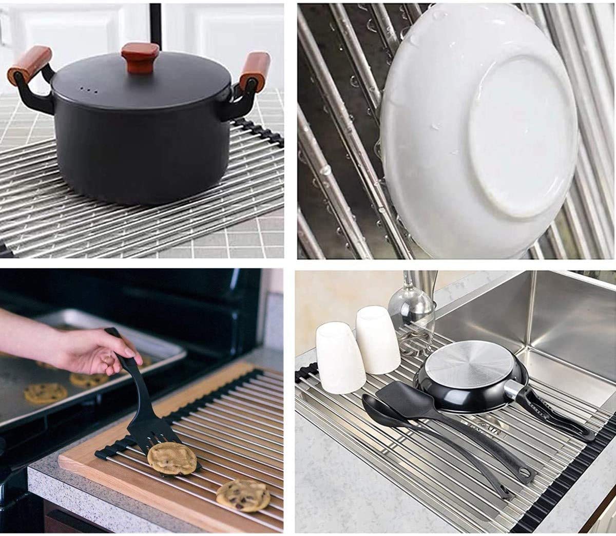 Roll up Dish Drying Rack RV Folding Over Sink 304 Stainless Steel in Kitchen Dish Drainer Heat Resistant Mat Multipurpose Portable Dish Trainer,Black,17x12inches
