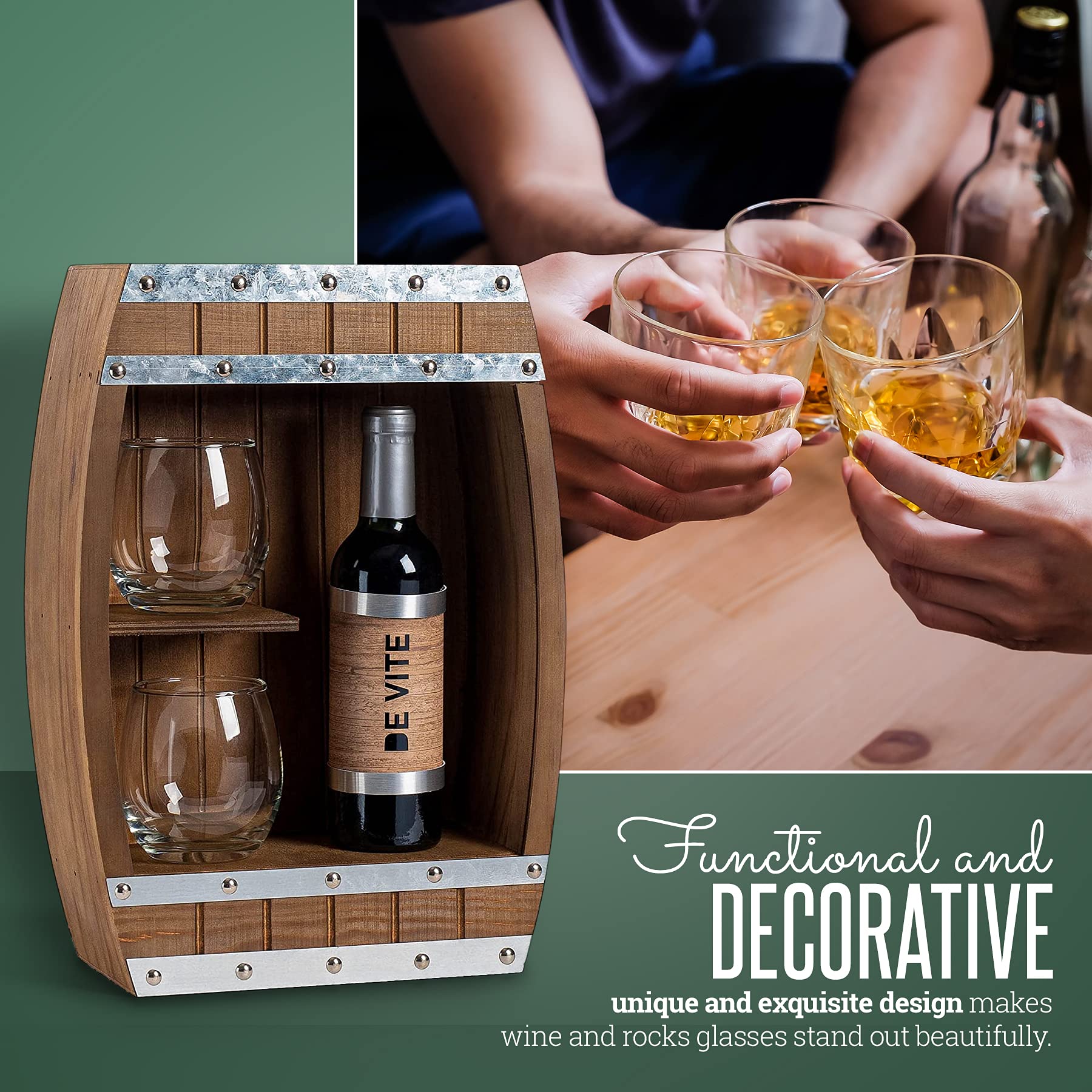 Wooden Wine Barrel Display - Pinewood Display Case with Sliding Cover Ideal for Wine Whiskey Scotch & More - 2 Built-In Shelves for Stemless Wine or Rocks Glasses, A Gift for Wedding or Any Occasion