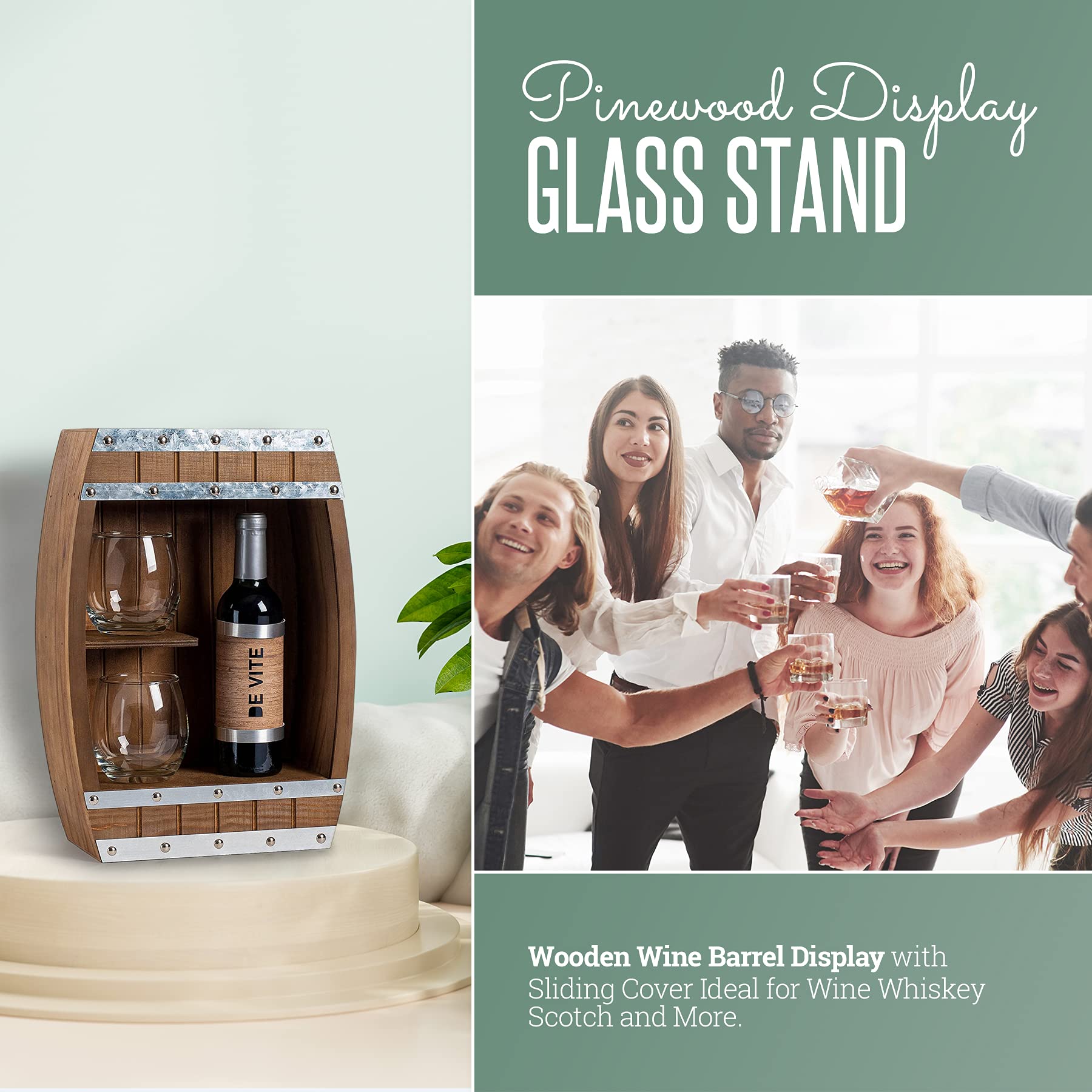 Wooden Wine Barrel Display - Pinewood Display Case with Sliding Cover Ideal for Wine Whiskey Scotch & More - 2 Built-In Shelves for Stemless Wine or Rocks Glasses, A Gift for Wedding or Any Occasion