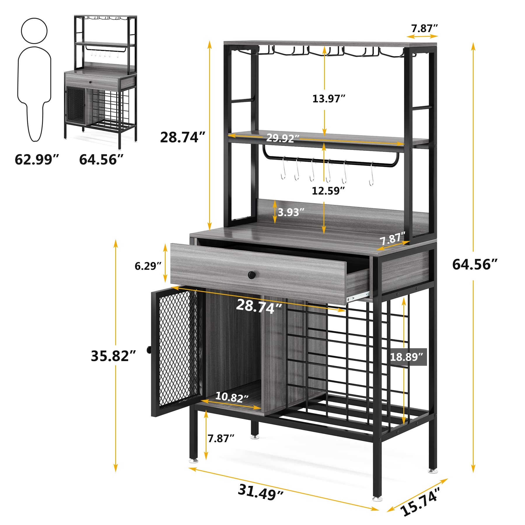 Tribesigns 64" Wine Rack, 5-Tier Wine Bar Cabinet with 6 Hooks, 32-Bottles Large Capacity Liquor Cabinet with Wine Bottle Holders, Wine Bar for Kitchen, Dining/Living Room, Wine Cellar, Retro Grey