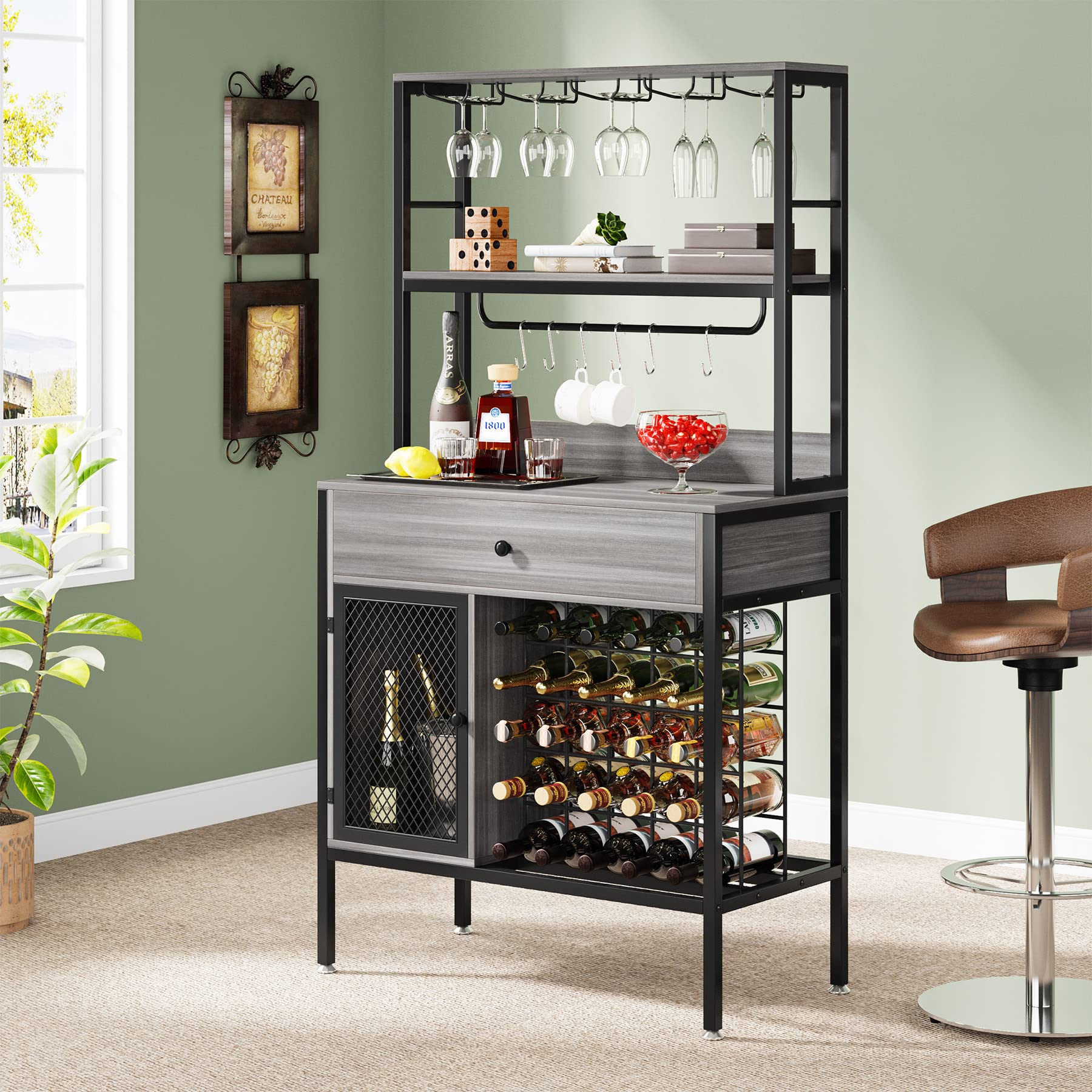 Tribesigns 64" Wine Rack, 5-Tier Wine Bar Cabinet with 6 Hooks, 32-Bottles Large Capacity Liquor Cabinet with Wine Bottle Holders, Wine Bar for Kitchen, Dining/Living Room, Wine Cellar, Retro Grey