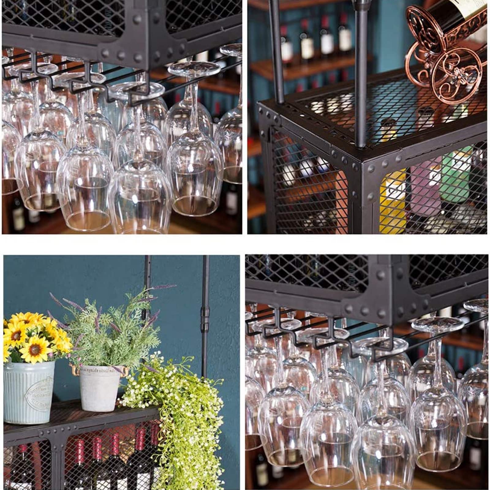 Hanging Wine Rack with Glass Holder and Shelf, Adjustable Metal Ceiling Bar Wine Glass Rack, Holds Any Type of Glassware Wine Glasses and Flutes Sand,80cm