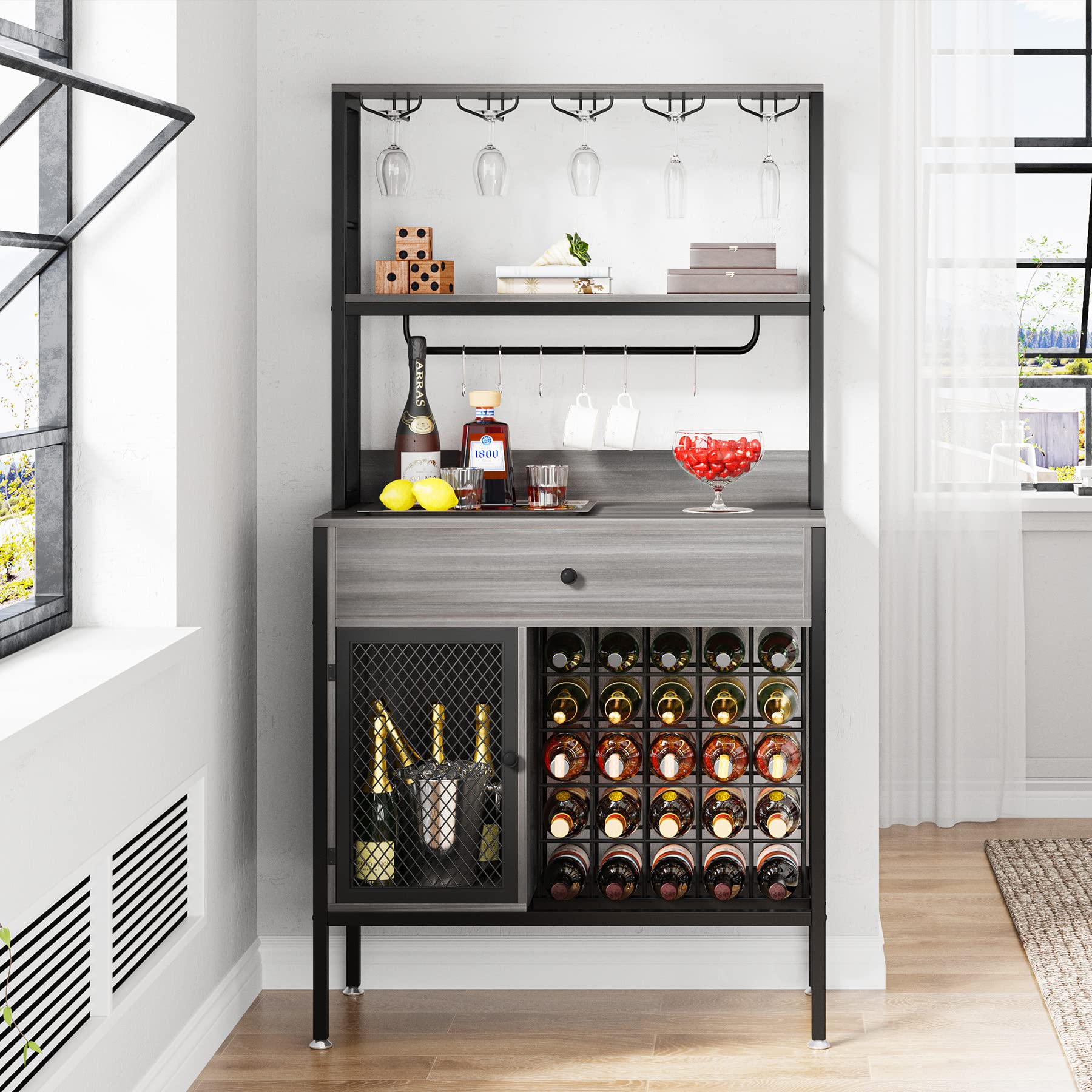 Tribesigns 64" Wine Rack, 5-Tier Wine Bar Cabinet with 6 Hooks, 32-Bottles Large Capacity Liquor Cabinet with Wine Bottle Holders, Wine Bar for Kitchen, Dining/Living Room, Wine Cellar, Retro Grey
