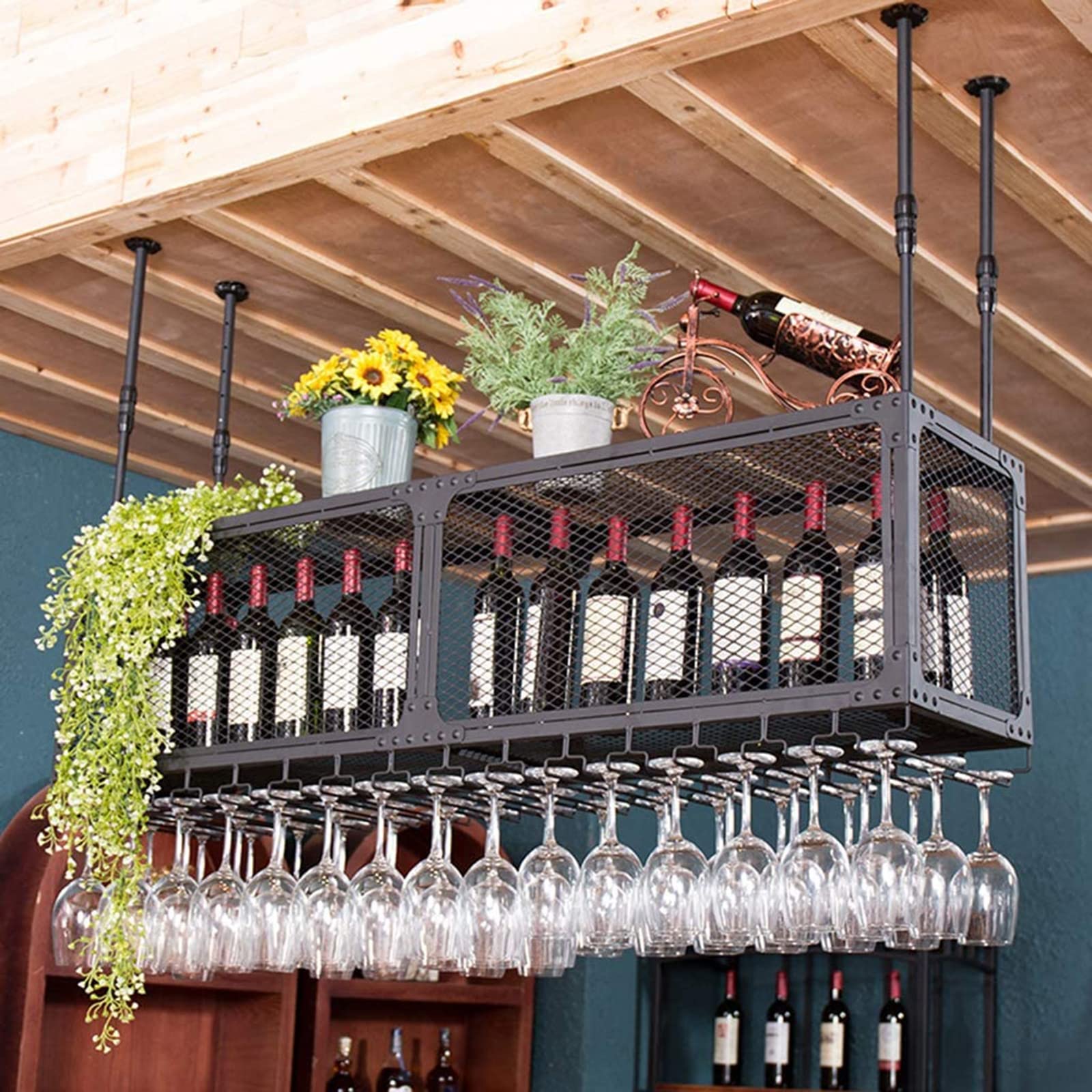 Hanging Wine Rack with Glass Holder and Shelf, Adjustable Metal Ceiling Bar Wine Glass Rack, Holds Any Type of Glassware Wine Glasses and Flutes Sand,80cm