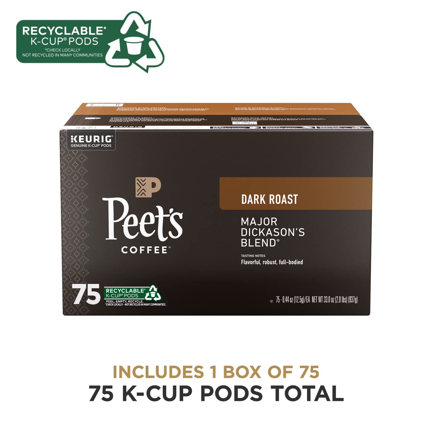 Peet's Coffee, Dark Roast K-Cup Pods for Keurig Brewers - Major Dickason's Blend 75 Count (1 Box of 75 K-Cup Pods) Packaging May Vary