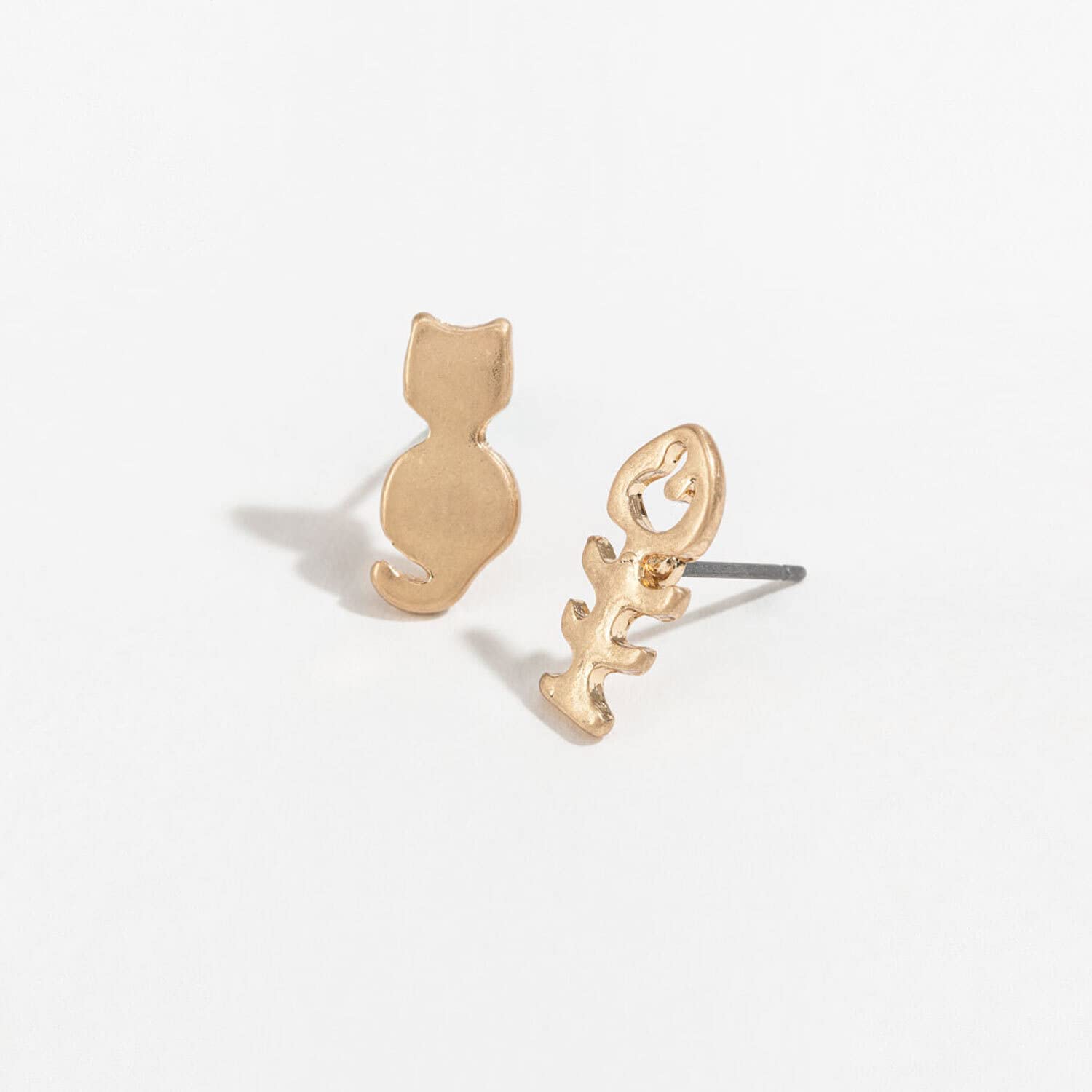 Stud Buds Kitty & Fish Bone Gold Nickel Free Earrings by Howard's Inc (Gold)