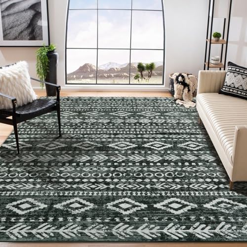 Lahome Boho Moroccan 8x10 Area Rugs, Ultra-Thin Soft Black White Rugs for Living Room Washable, Non-Shed Tribal Print Large Indoor Carpet Stain Resistance for Bedroom Playroom Nursery