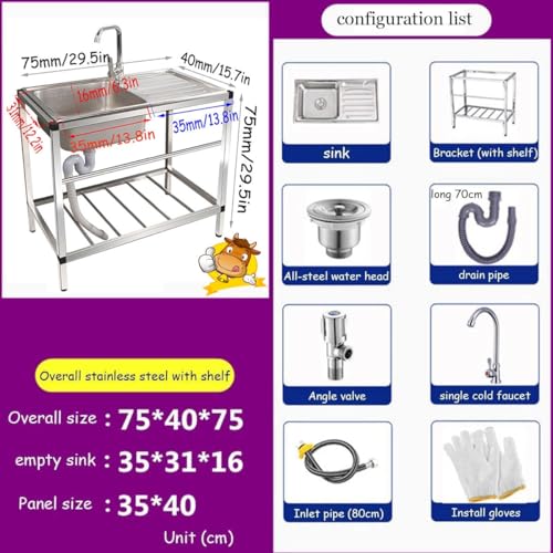 Outdoor Stainless Steel Kitchen Sink, Free Standing Commercial Single Bowl Sink Set with Storage Shelves & Drain Kit for Washing Room Backyard Garage