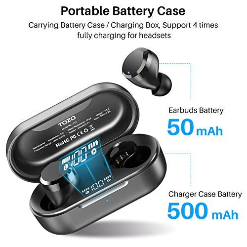 TOZO T12 2022 Wireless Earbuds Bluetooth 5.3 Headphones Premium Sound Performance Touch Control LED Digital Display Wireless Charging Case Earphones Dark Black