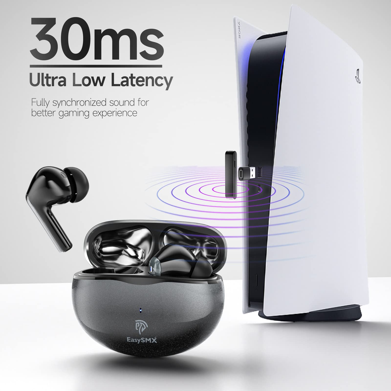 EasySMX Wireless Gaming Earbuds for PC, PS5 with Mic, 30ms Low Latency, Bluetooth/2.4GHz Wireless, USB-C Dongle Included, Compatible PS4, PS5, VR, Switch, Steam Deck, Black (TG-01)