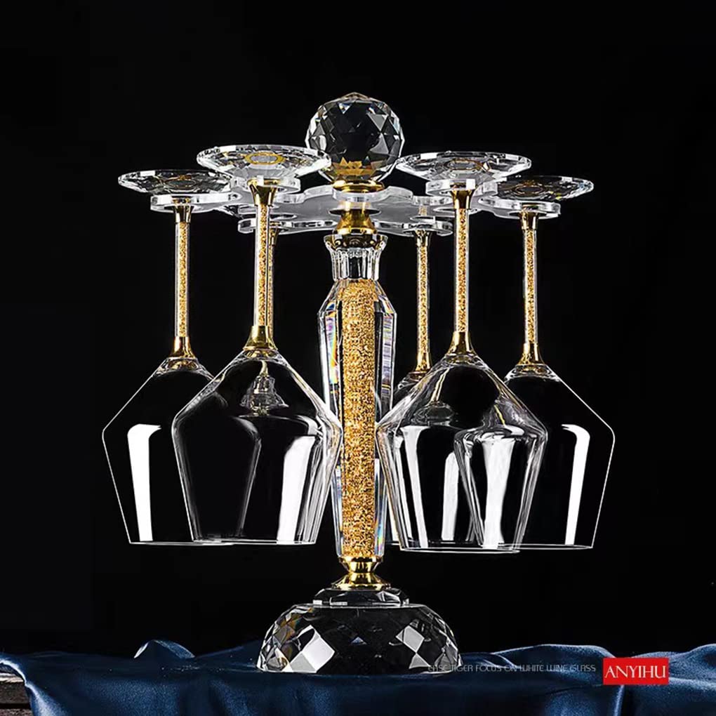 Elegant Desktop Crystal Glass Stemware Rack/Rotate 8 Wine Glass Storage Holder Stand Air Drying Rack (Gold)