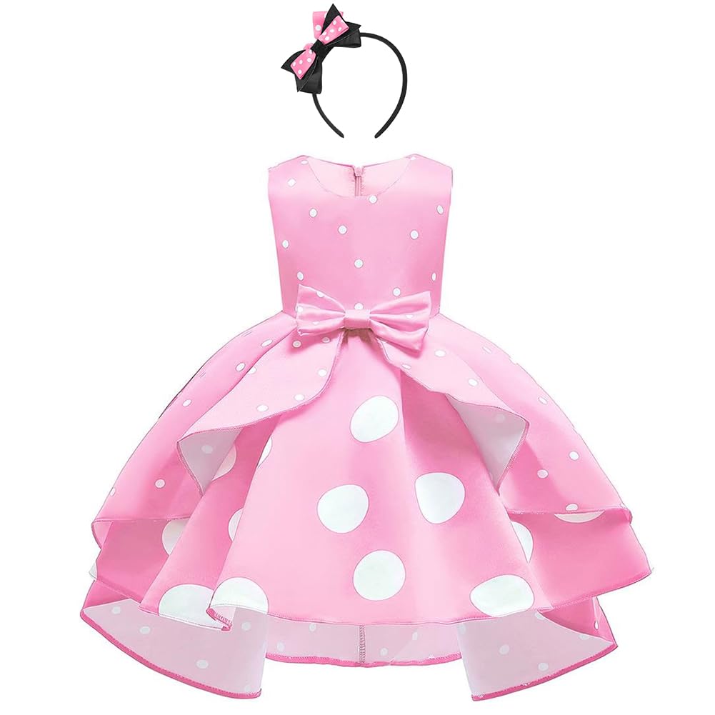 IBTOM CASTLE Girls Polka Dot Halloween Christmas Princess Party Cosplay Pageant Fancy Costume Tutu Birthday Dress up+ Mouse Ears Headband Vacation Ladybug Mini Theme Park Sundress Hilow-Pink 2-3T