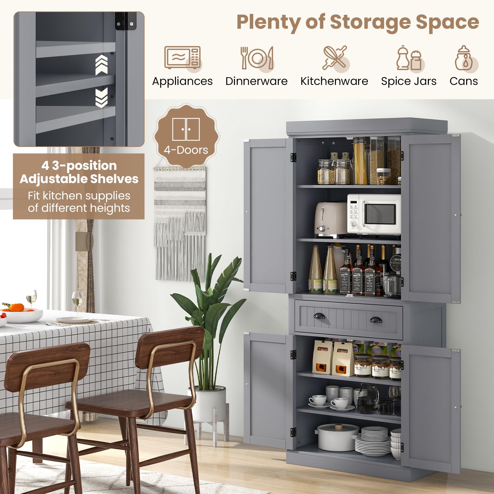 Tangkula 72" H Kitchen Pantry Cupboard Cabinet, Traditional Freestanding Large Tall Storage Cabinet with 2 Cabinets and Drawer, Adjustable Shelves, for Living Room Kitchen, 30 x 16 x 72 Inch