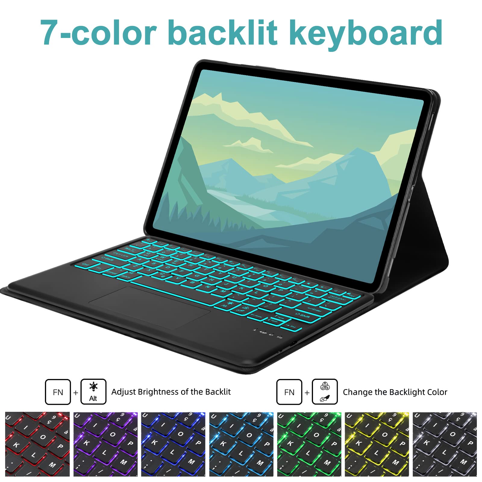 Samsung Galaxy Tab S8 Plus/S7 FE/S7 Plus 12.4 inch Keyboard Case, Smart Touchpad with S Pen Holder, 7 Color Backlit and Detachable Wireless Keyboard Cover, for Tab S7 FE 2021/S7+ 2020/S8+ 2022, Black
