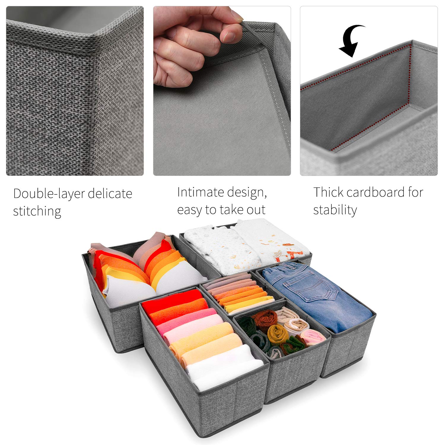 Criusia Underwear Drawer Organizer, 6 Set Foldable Underwear Drawer Organizer and Closet Dividers,Storage Box for Clothes, Socks, Underwear (6 Bins, Gray)