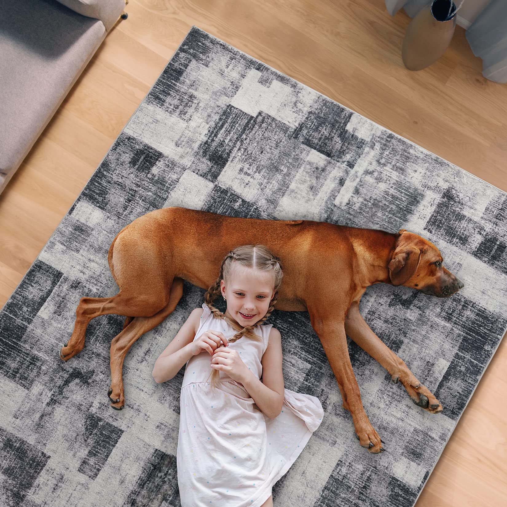 Area Rug Living Room Rugs 8x10 Washable: Indoor Soft Low Shaggy Fluffy Pile Carpet Abstract Decor Large for Bedroom Dining Room Under Kitchen Table Home Office - Gray/Ivory