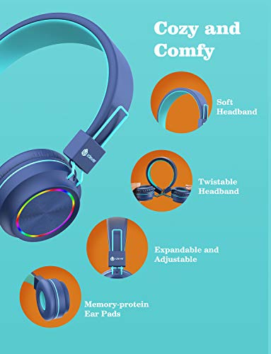iClever BTH03 Kids Bluetooth Headphones Safe Volume, Colorful LED Lights, 25H Playtime, Stereo Sound Mic, Bluetooth 5.0, Foldable, On Ear Kids Wireless Headphones for Tablet Airplane, Blue