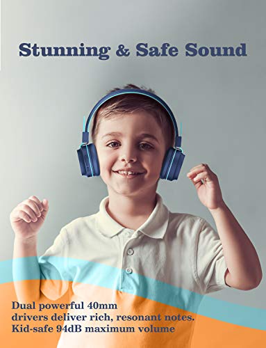 iClever BTH03 Kids Bluetooth Headphones Safe Volume, Colorful LED Lights, 25H Playtime, Stereo Sound Mic, Bluetooth 5.0, Foldable, On Ear Kids Wireless Headphones for Tablet Airplane, Blue