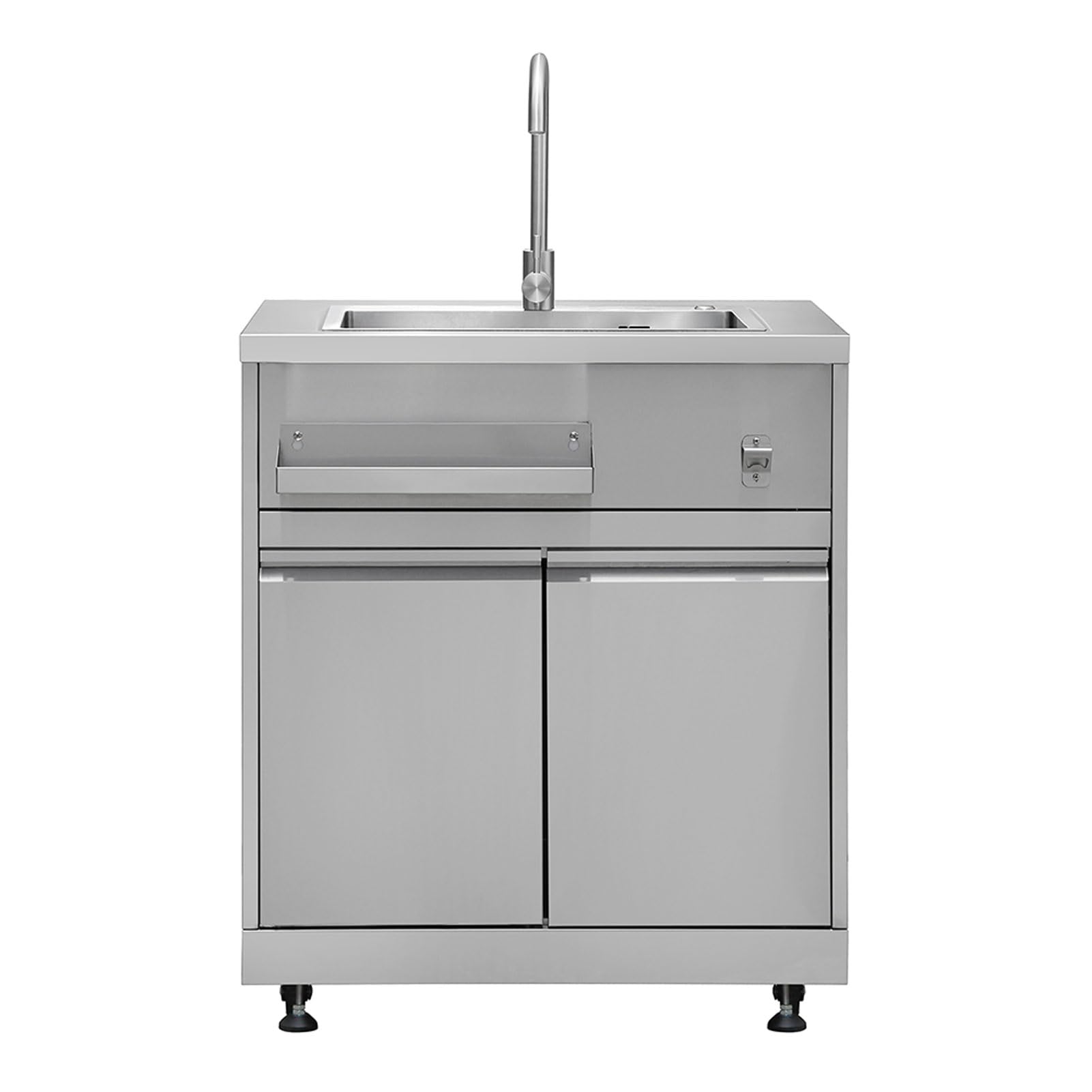 Portable Stainless Steel Sink Station, 32 Inch Single Bowl Kitchen Sink Cabinet, Freestanding Commercial Restaurant Bar Sink with Faucet, Mobile Sink with Hose Hook Up, Bottle Opener and Storage Tray