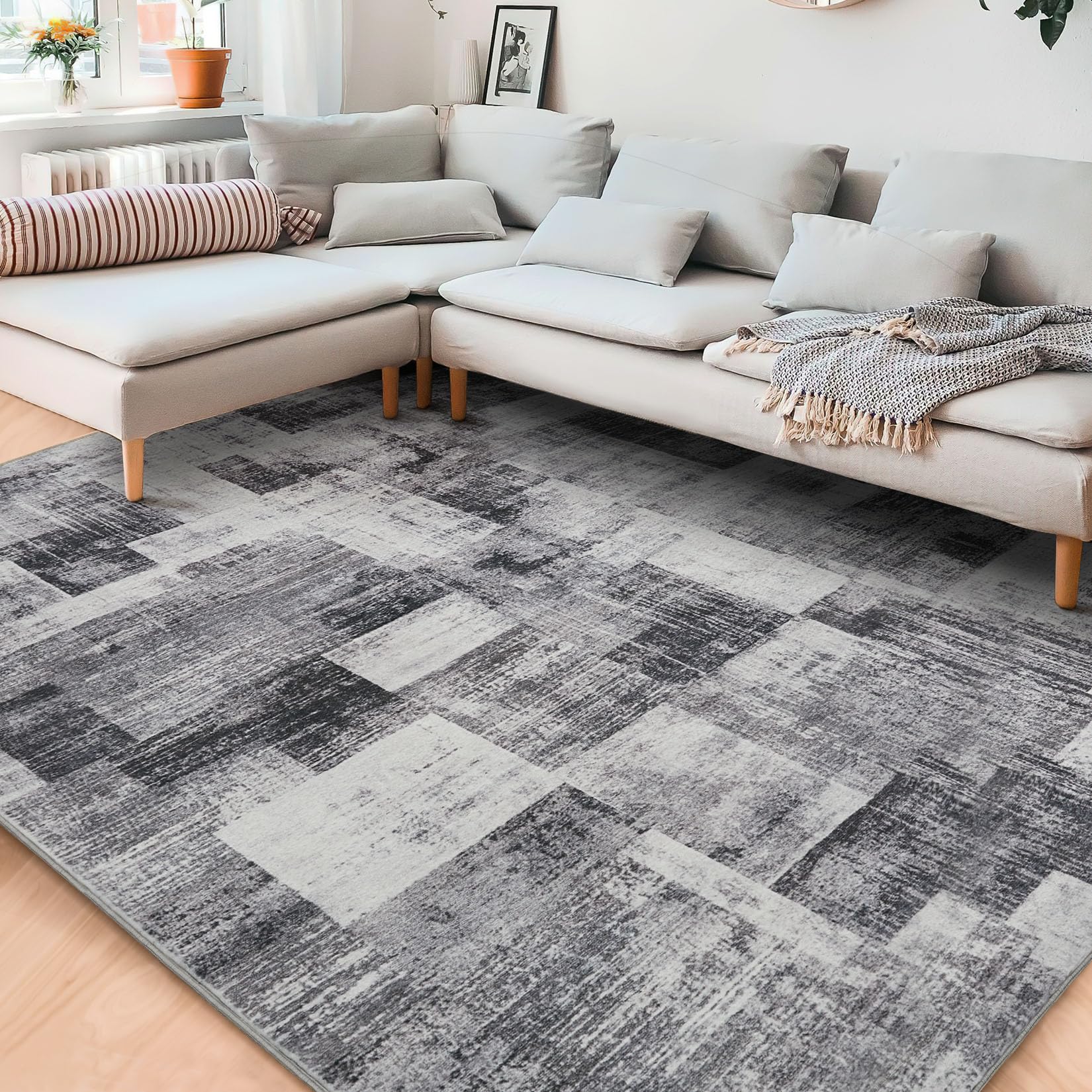 Area Rug Living Room Rugs 8x10 Washable: Indoor Soft Low Shaggy Fluffy Pile Carpet Abstract Decor Large for Bedroom Dining Room Under Kitchen Table Home Office - Gray/Ivory