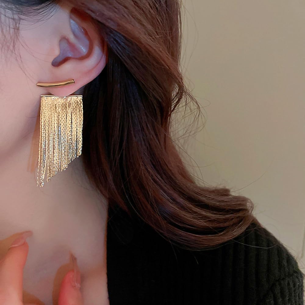 OWNCOOL Gold Silver Tassel Earrings for Women Long Statement Ear Jackets Earrings Trendy Front Back Drop Dangle Bridal Fringe Formal Wedding Parties Earrings Short Gold