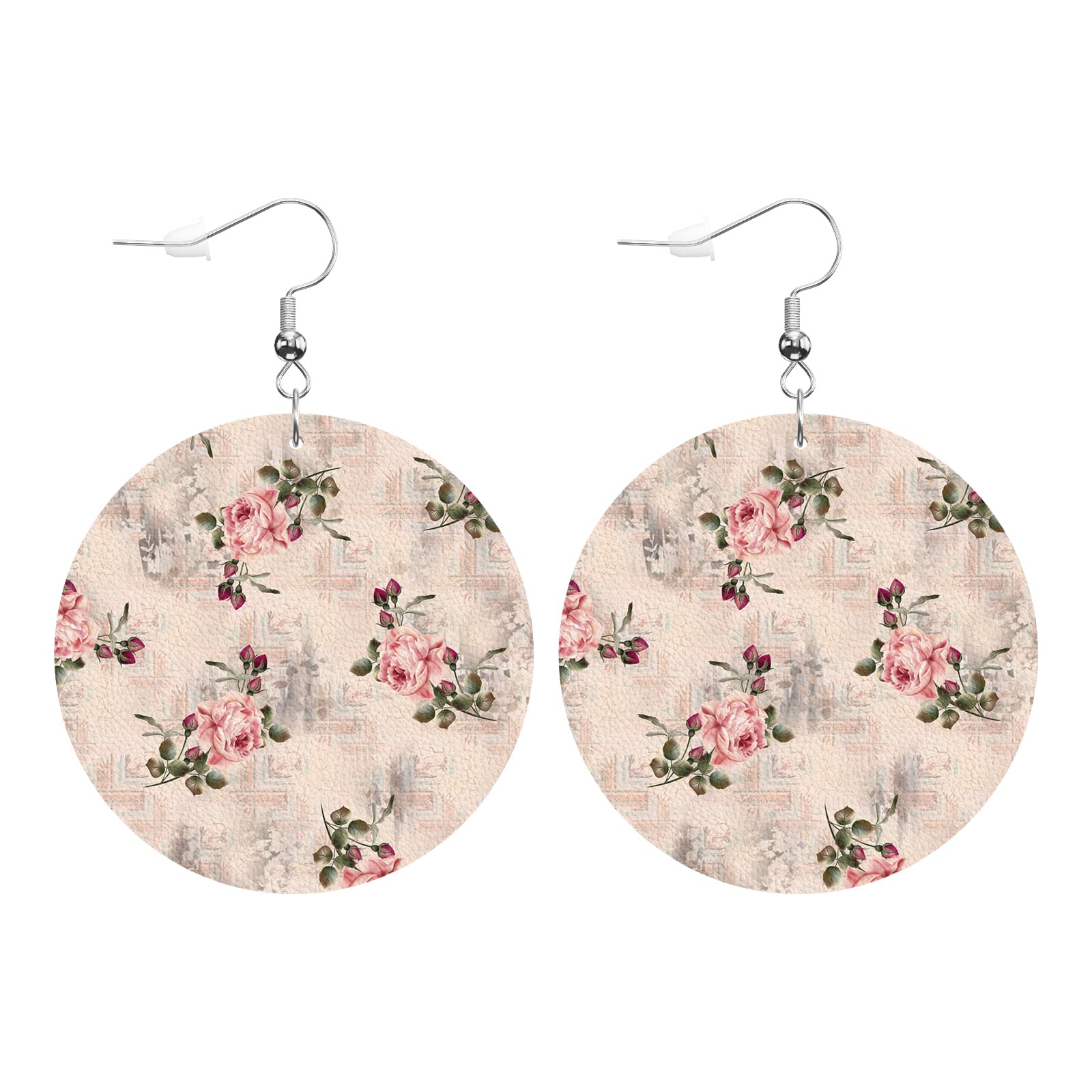 Swono Watercolor Flower Round Faux Leather Earrings for Women Pink Peony Flower Bud Green Leaves Vintage Rich Pastel Tone Lightweight Double-Side Printed Drop Dangle Earring for Birthday Gift