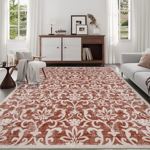 Lukinbox Vintage Washable Area Rugs for Living Room, 8x10 Low Pile Indoor Floral Rug for Bedroom, Large Soft Foldale Accent Rugs Non Shedding Outdoor Carpets for Dinning Room RV, Red Brown