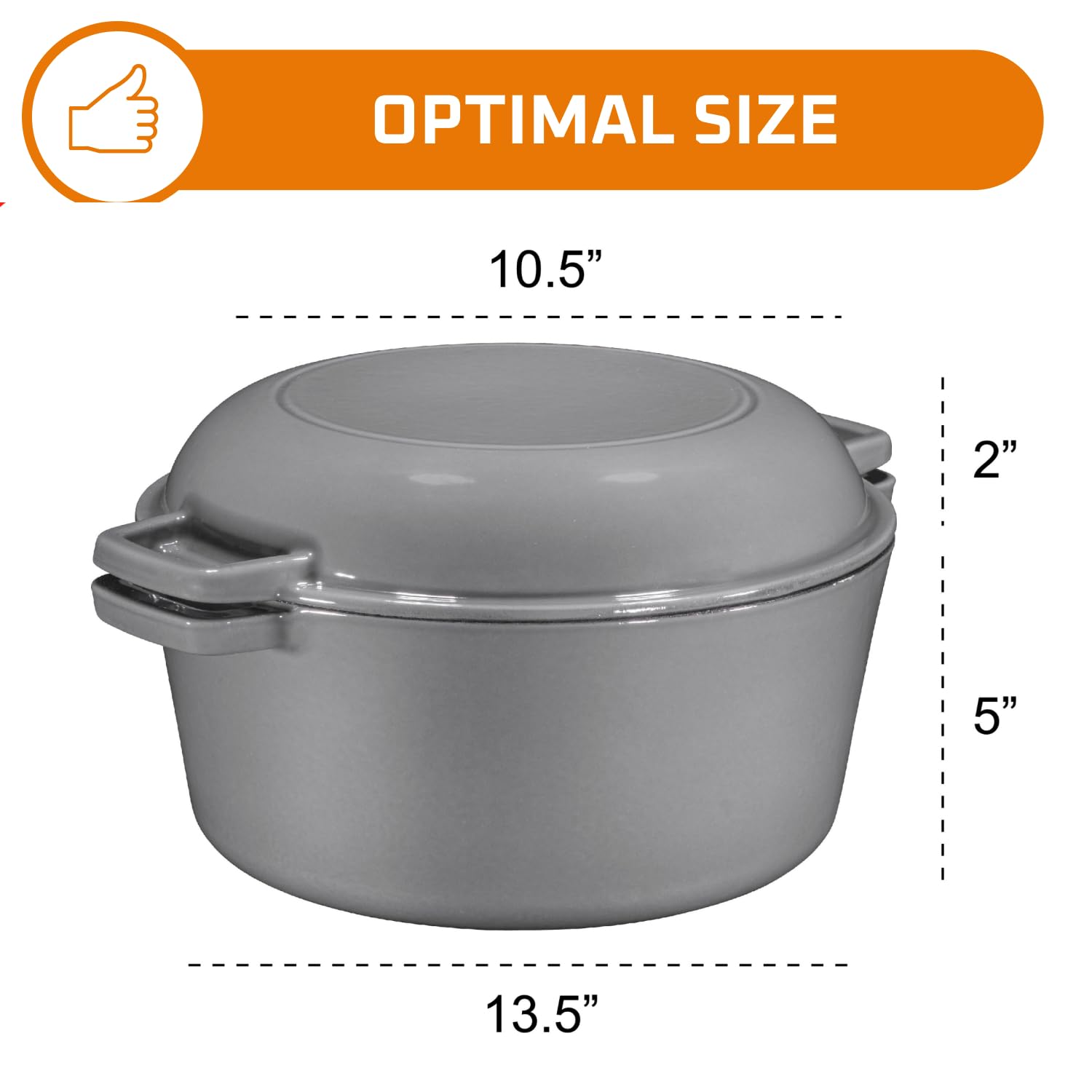 Bruntmor 2-in-1 Enamel Cast Iron Dutch Oven With Handles - Crock Pot Grey Cast Iron pot with Skillet lid - All-in-One Cookware Braising Pan for Casserole Dish - 5 Quart, Grey