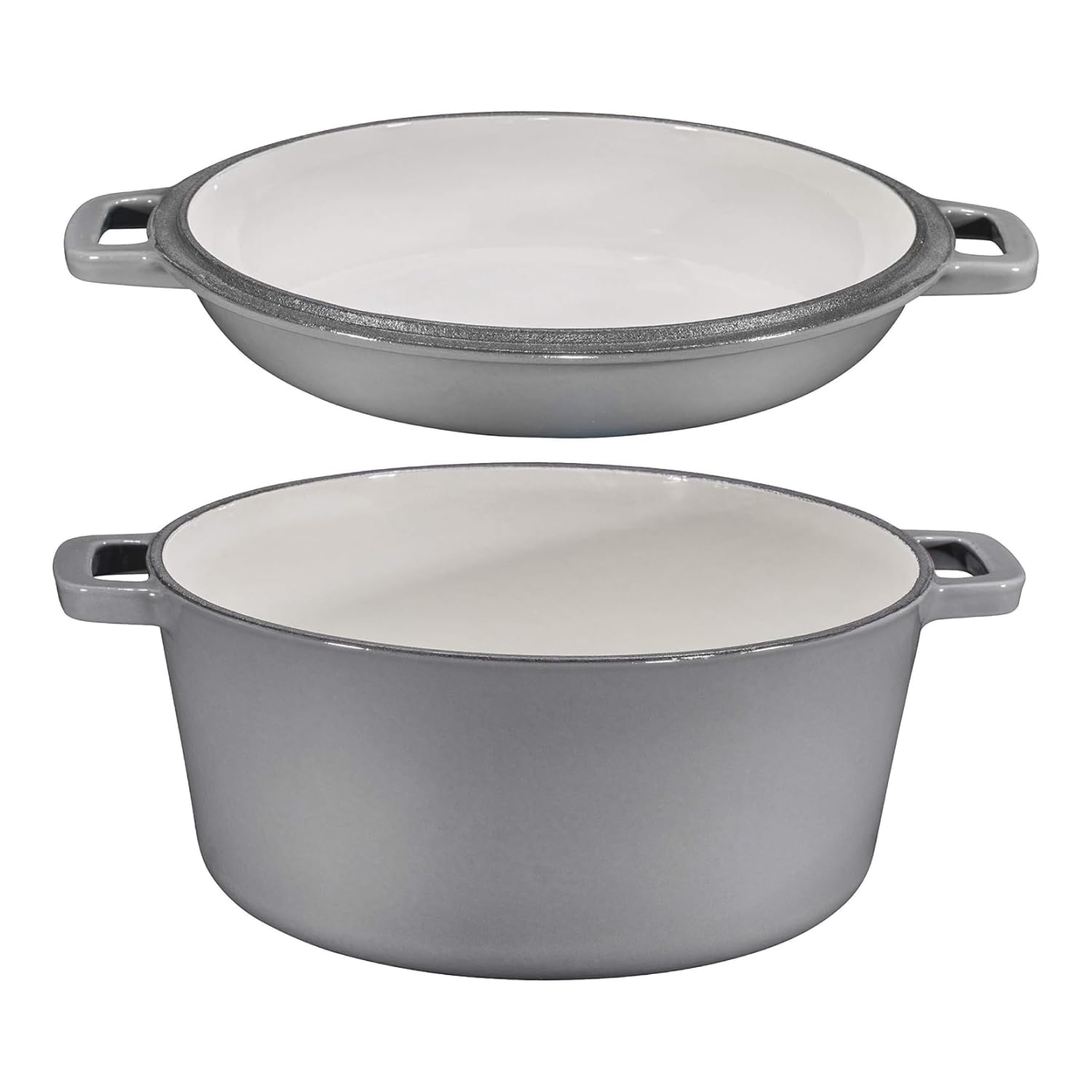 Bruntmor 2-in-1 Enamel Cast Iron Dutch Oven With Handles - Crock Pot Grey Cast Iron pot with Skillet lid - All-in-One Cookware Braising Pan for Casserole Dish - 5 Quart, Grey