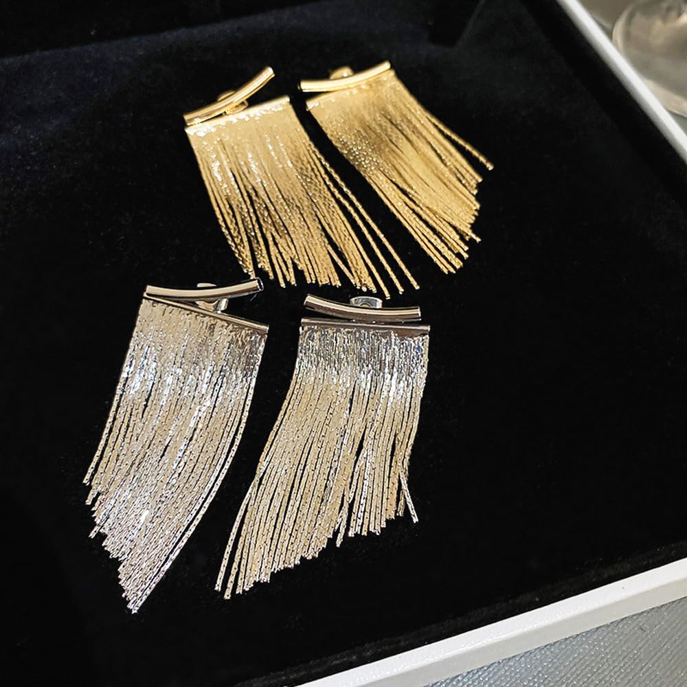 OWNCOOL Gold Silver Tassel Earrings for Women Long Statement Ear Jackets Earrings Trendy Front Back Drop Dangle Bridal Fringe Formal Wedding Parties Earrings Short Gold