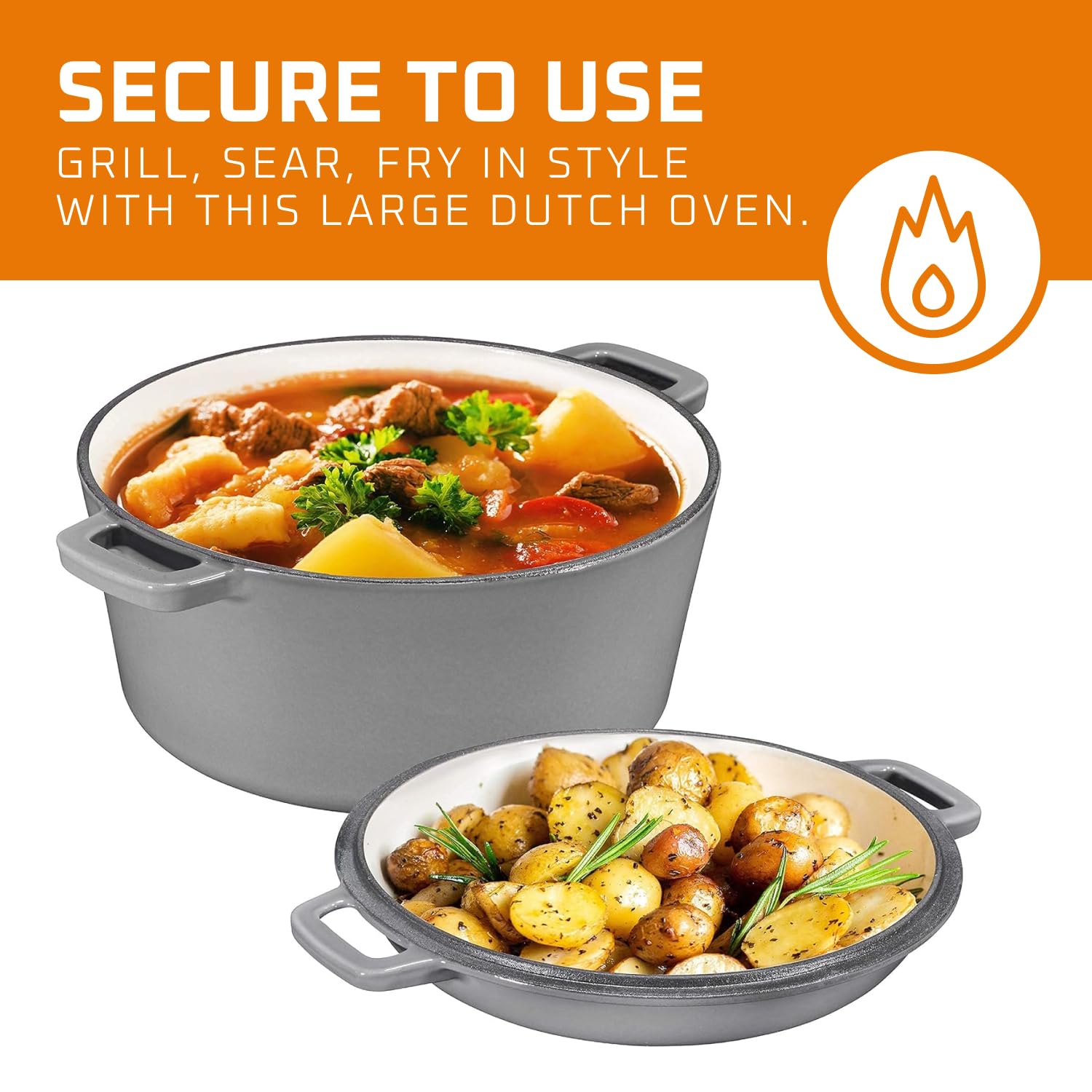 Bruntmor 2-in-1 Enamel Cast Iron Dutch Oven With Handles - Crock Pot Grey Cast Iron pot with Skillet lid - All-in-One Cookware Braising Pan for Casserole Dish - 5 Quart, Grey